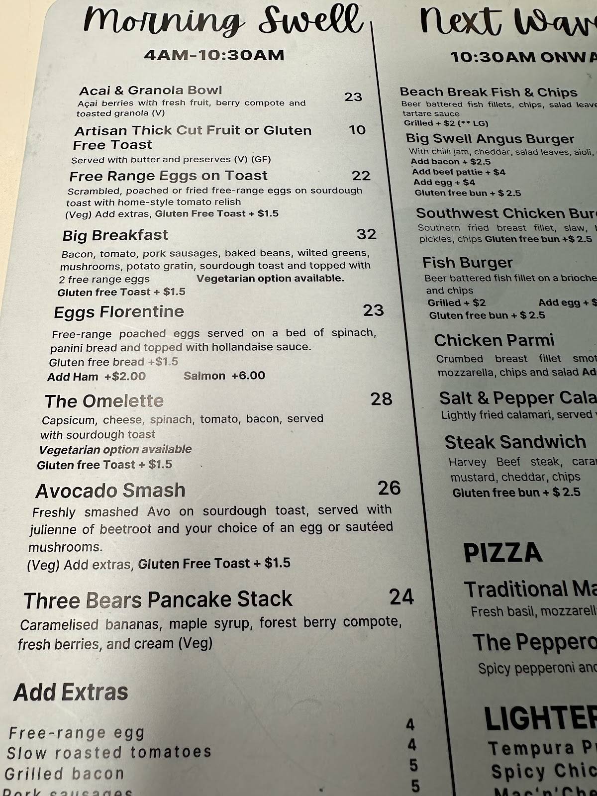 Menu at Three Bears cafe, Perth Airport