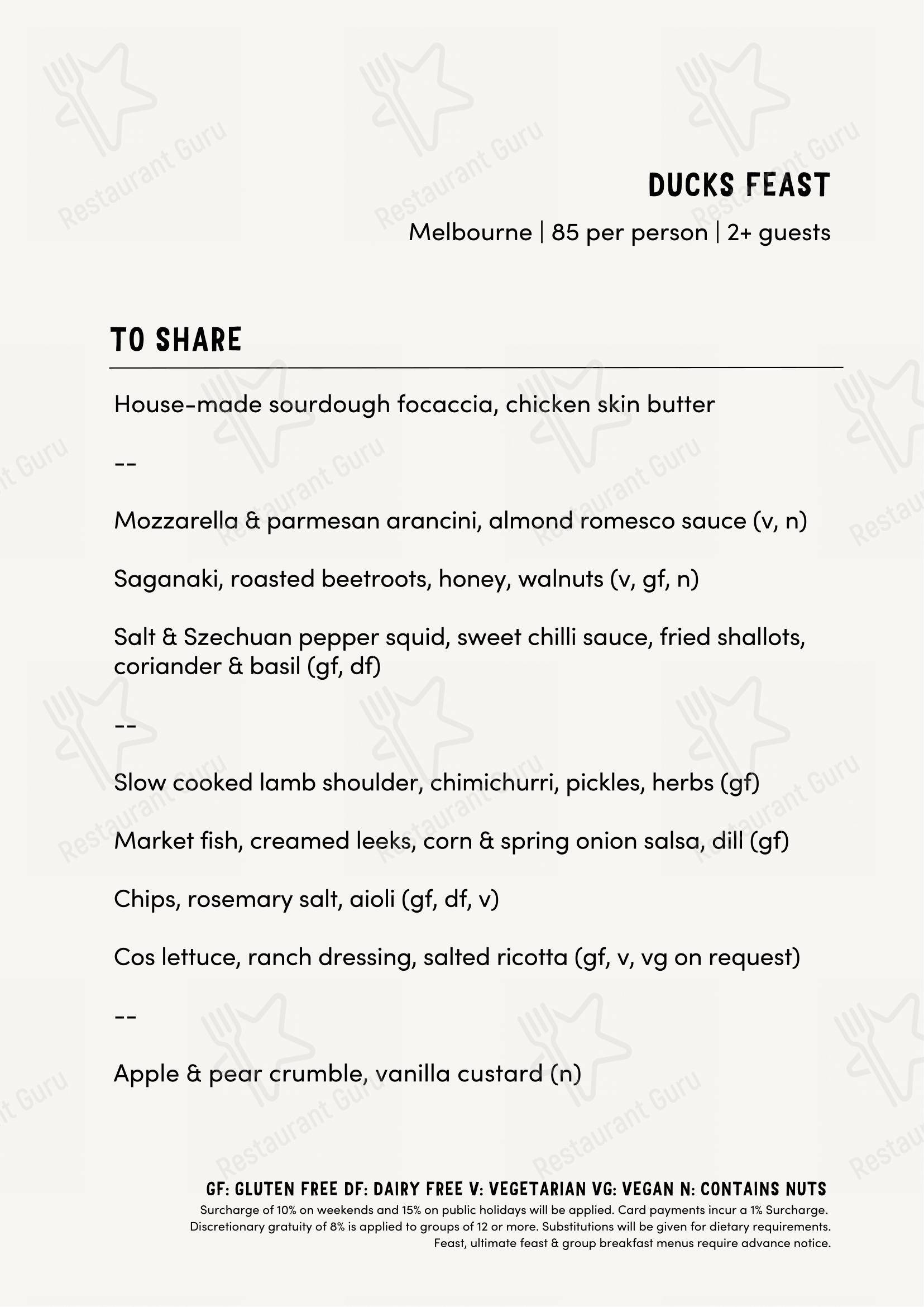 Menu at Three Blue Ducks, Melbourne restaurant, Tullamarine