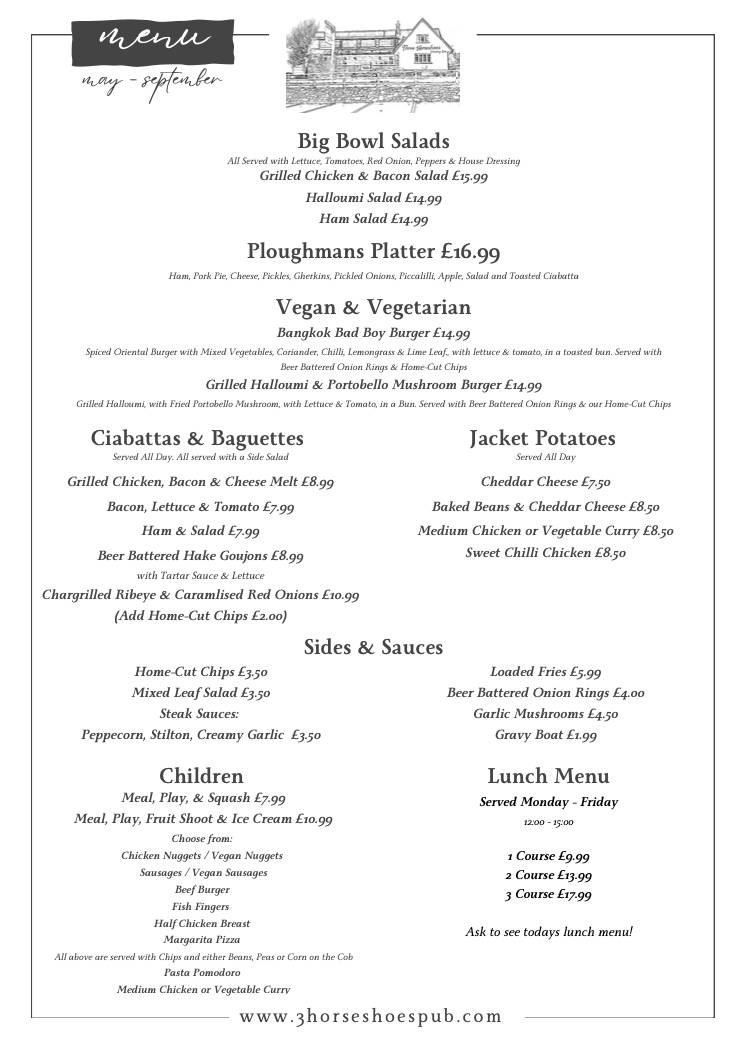 Menu at Three Horseshoes Country Inn pub & bar, Barry, Moulton