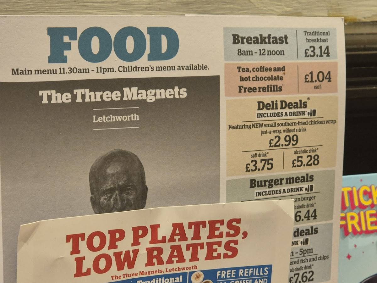 Menu at Three Magnets - JD Wetherspoon pub & bar, Letchworth Garden ...