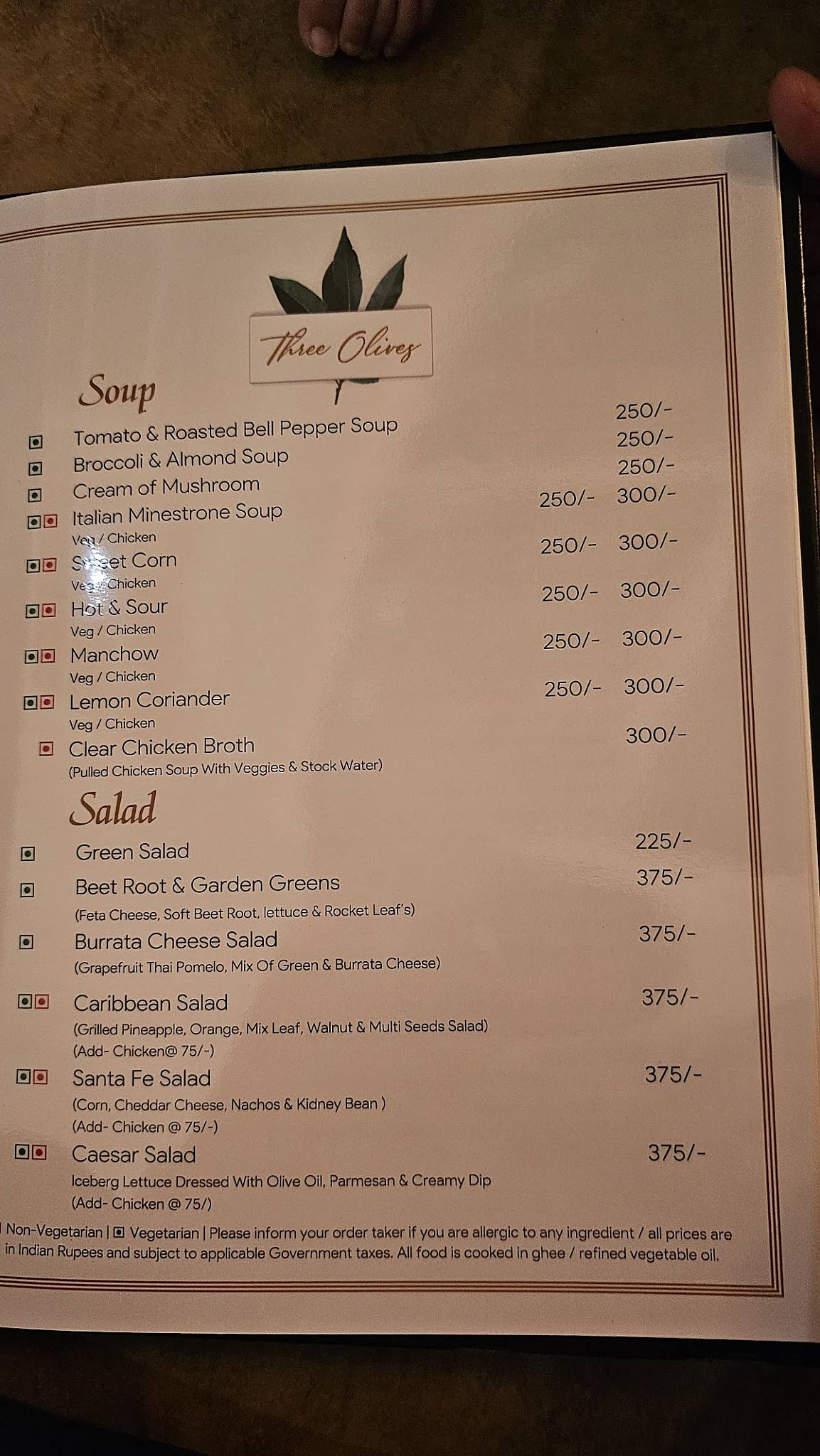 Menu at Three Olives, Kanpur