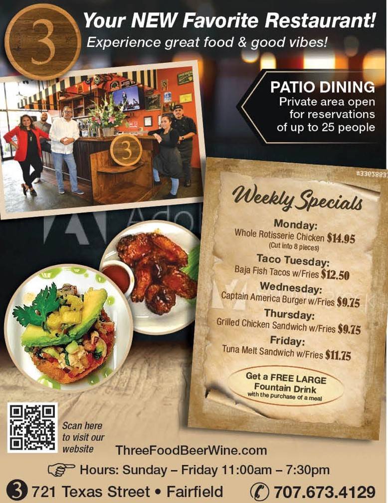 Menu at Three Italian Restaurant, Fairfield