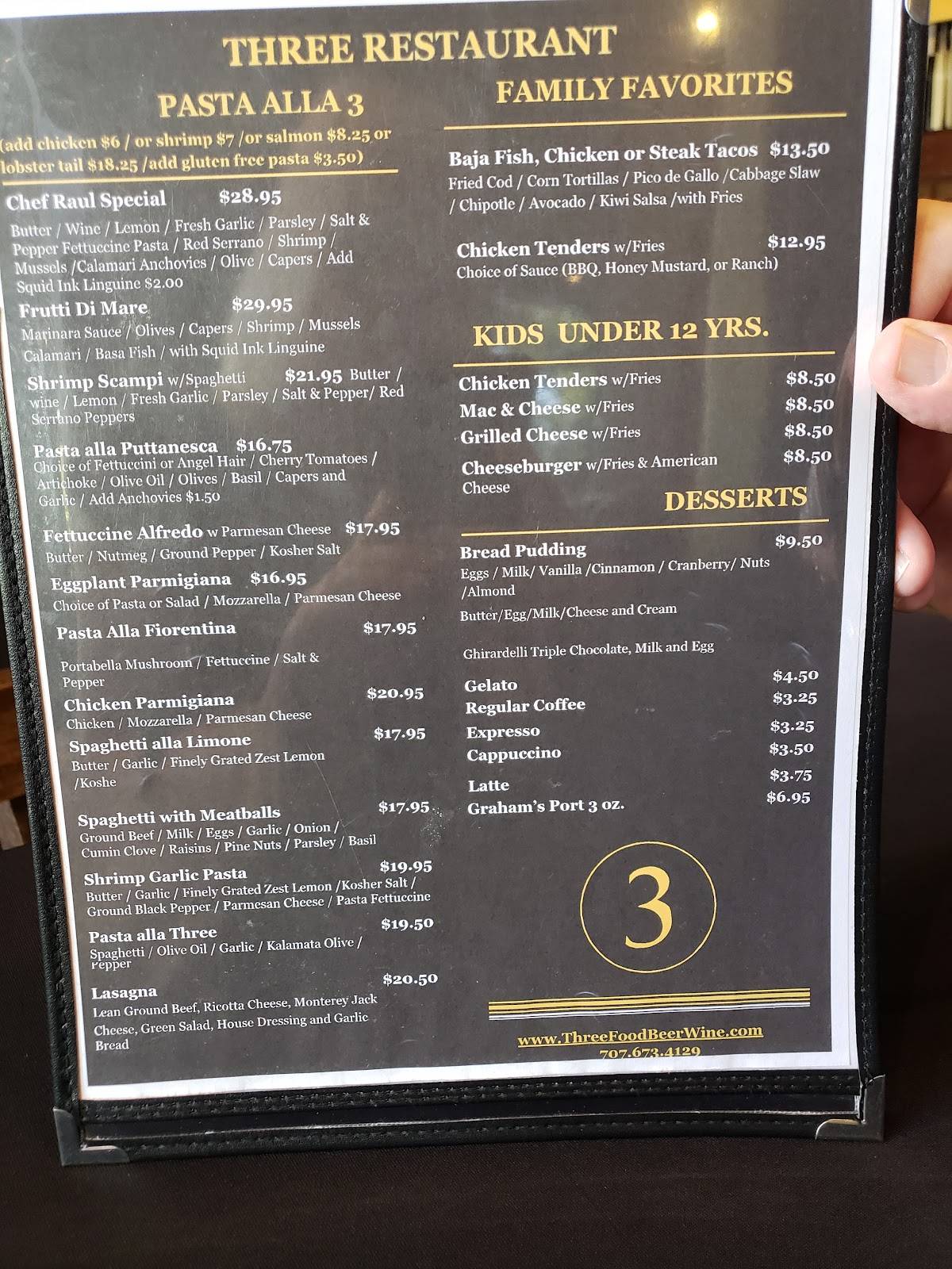 Menu at Three Italian Restaurant, Fairfield