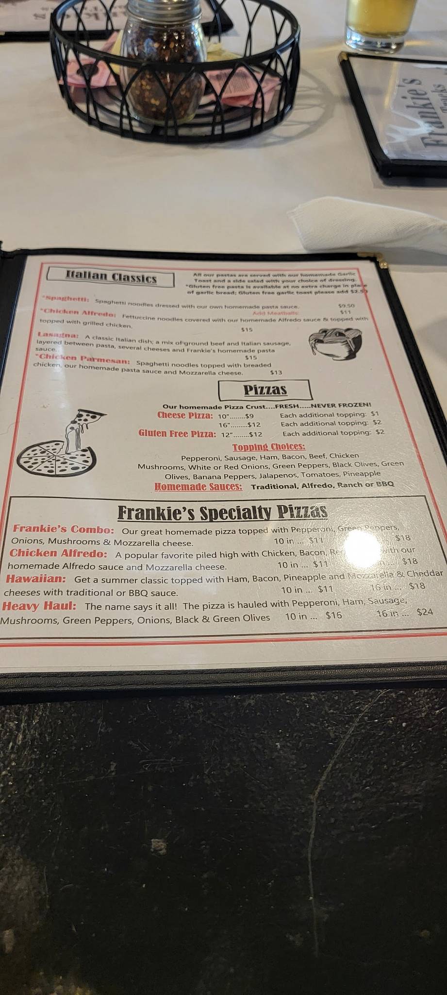 Menu at Frankie's pub & bar, Three Rivers