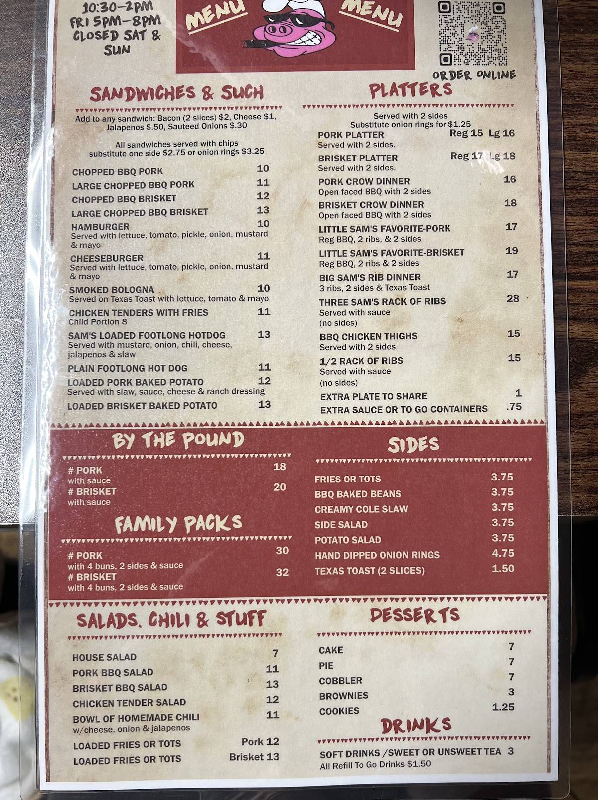 Menu at Three Sam's Barbeque Joint, Little Rock