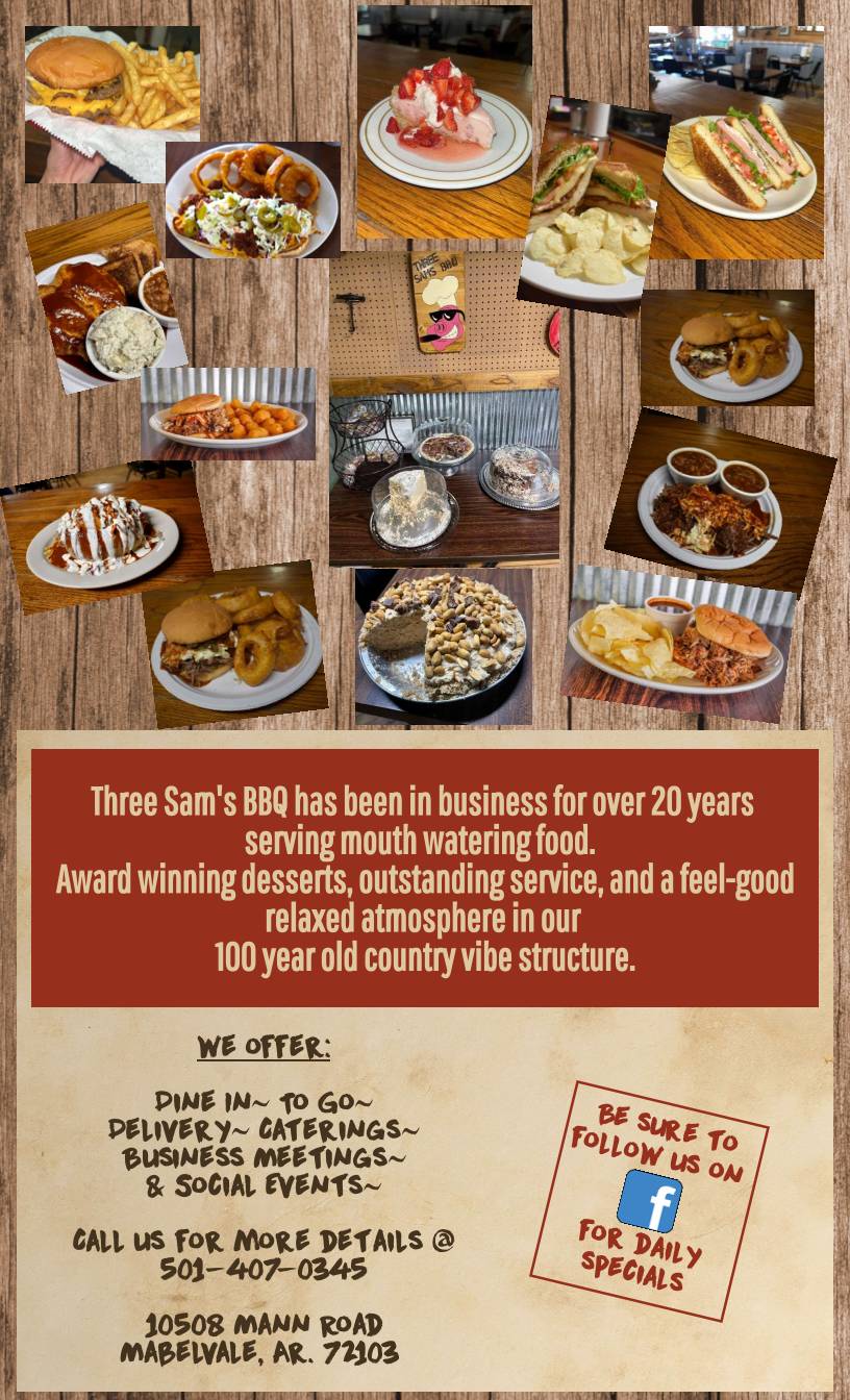 Menu at Three Sam's Barbeque Joint, Little Rock