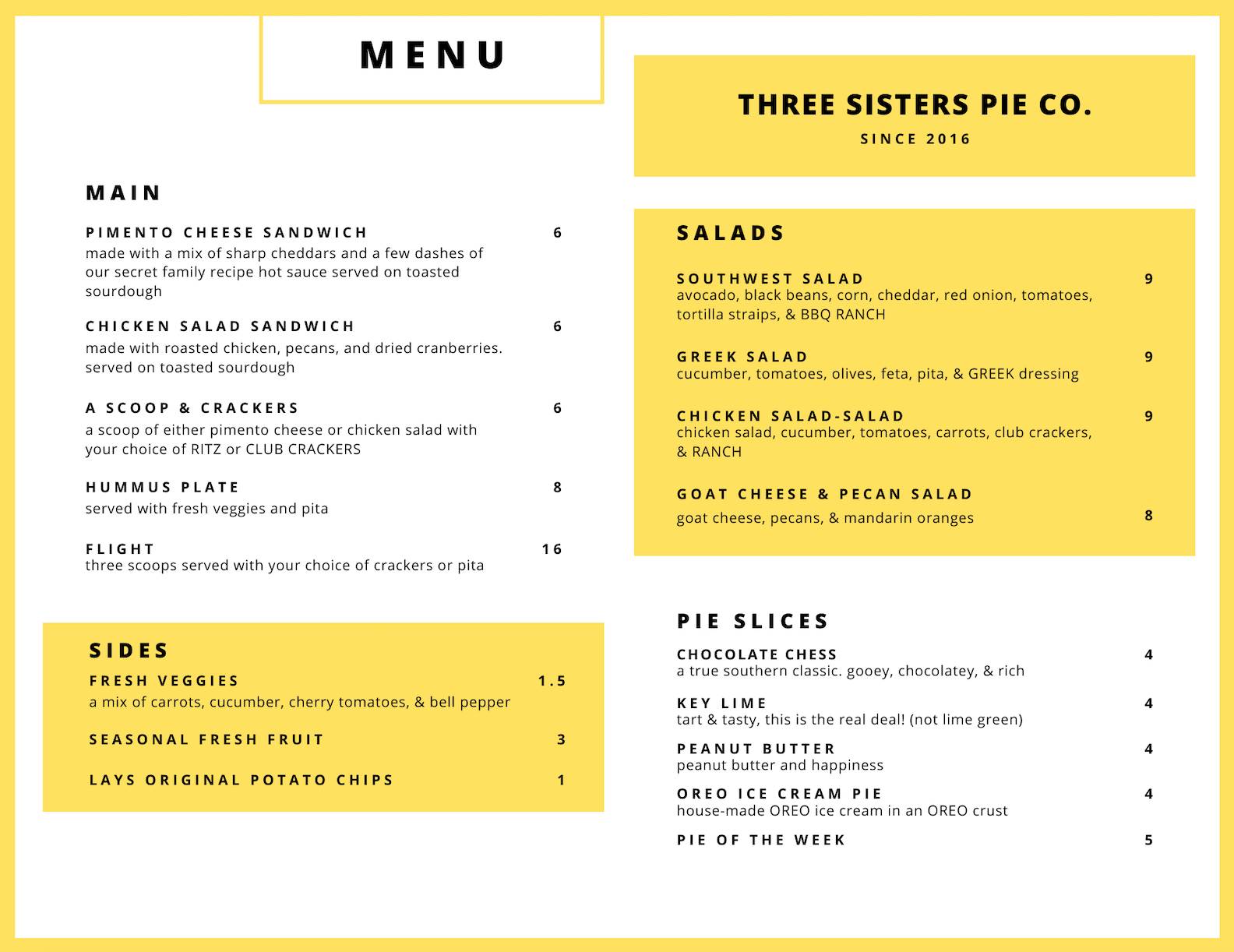 Menu at Three Sisters Pie Company desserts, Columbus