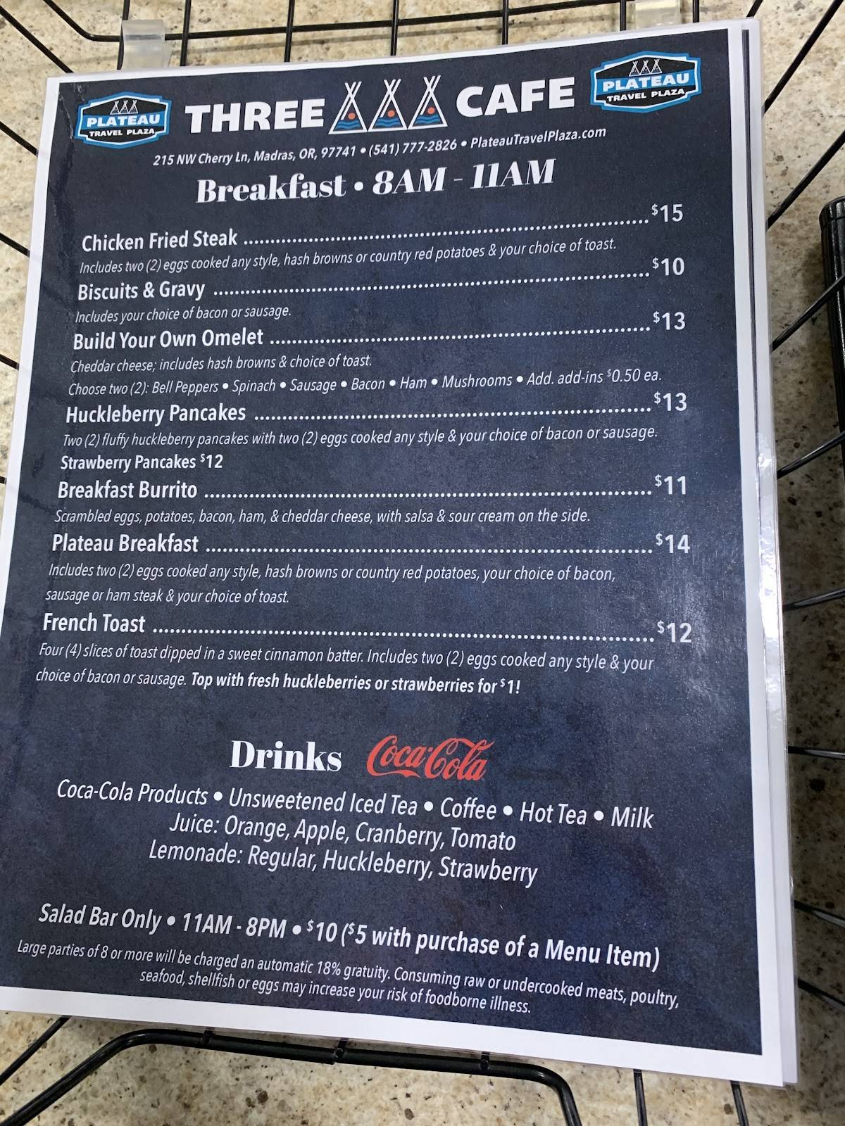Menu at Three TeePee’s Cafe, Madras