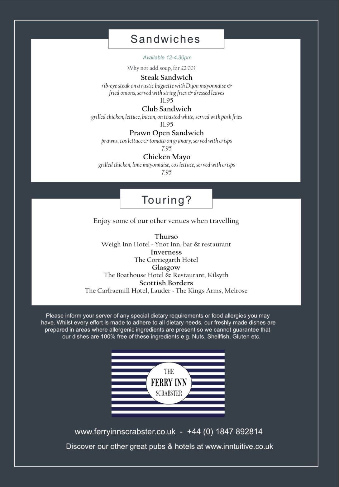 Menu at The Ferry Inn Scrabster pub & bar, Thurso, The Ferry Inn