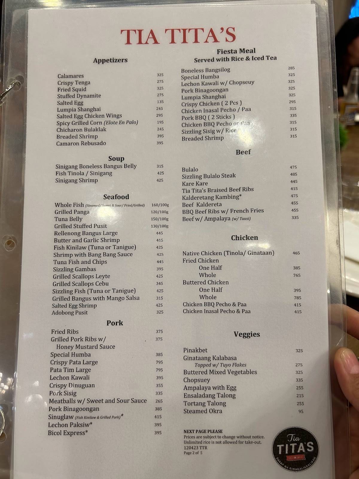 Menu at Tia Tita's restaurant, Tacloban City, Alfresco