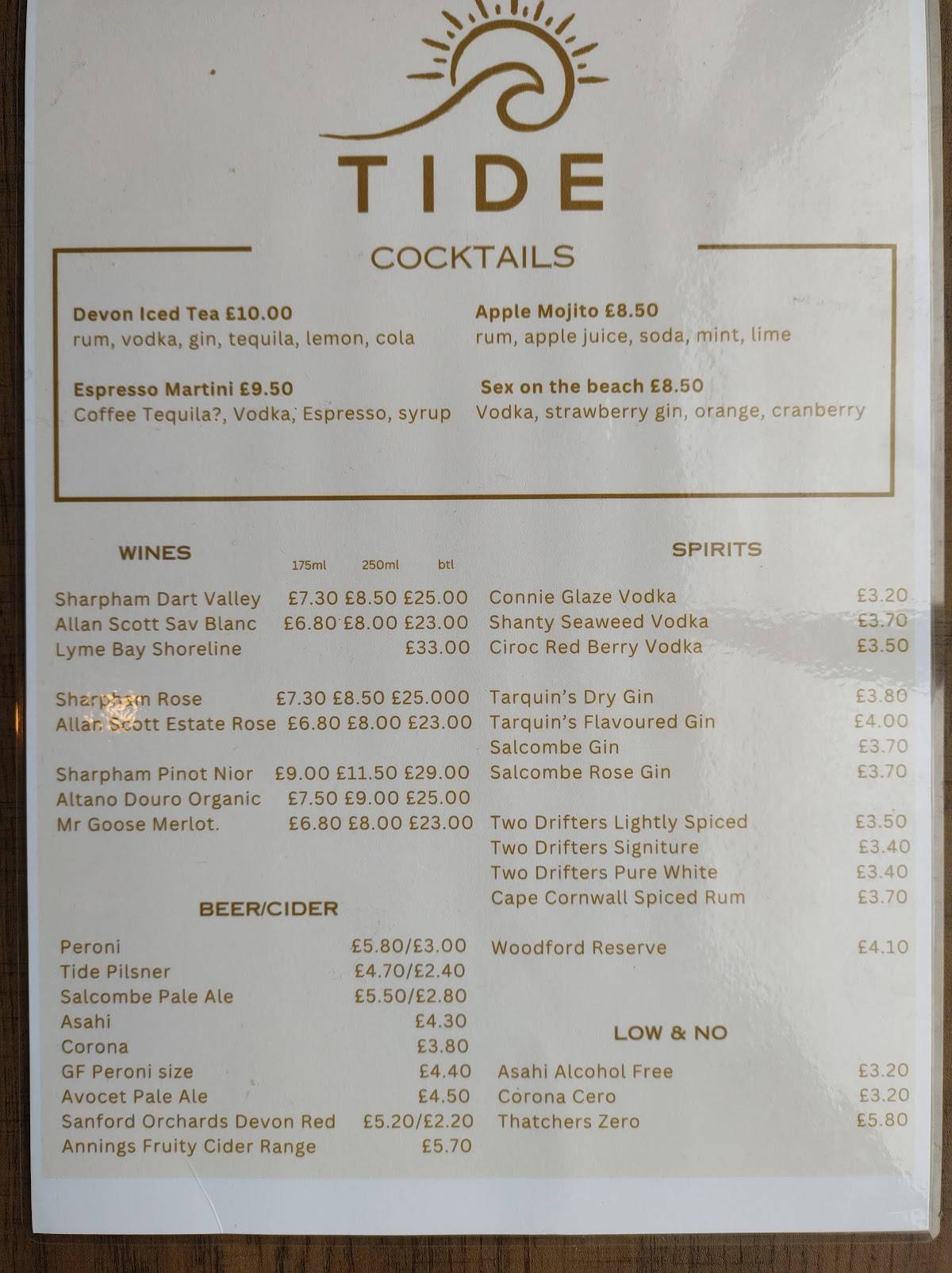 Menu at Tide Beach Bar & Cafe, Seaton