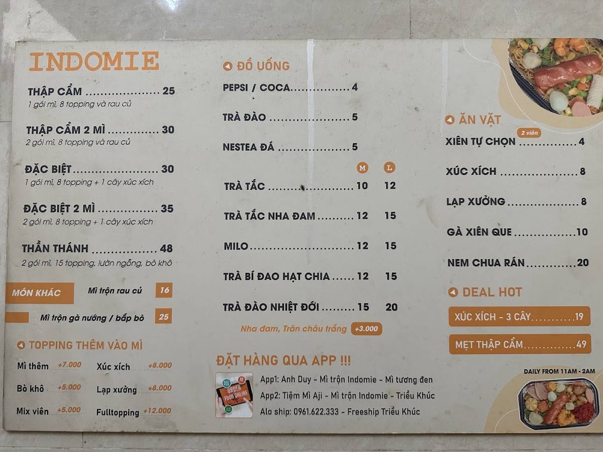 Menu at Tiệm Mì Aji restaurant, Hanoi