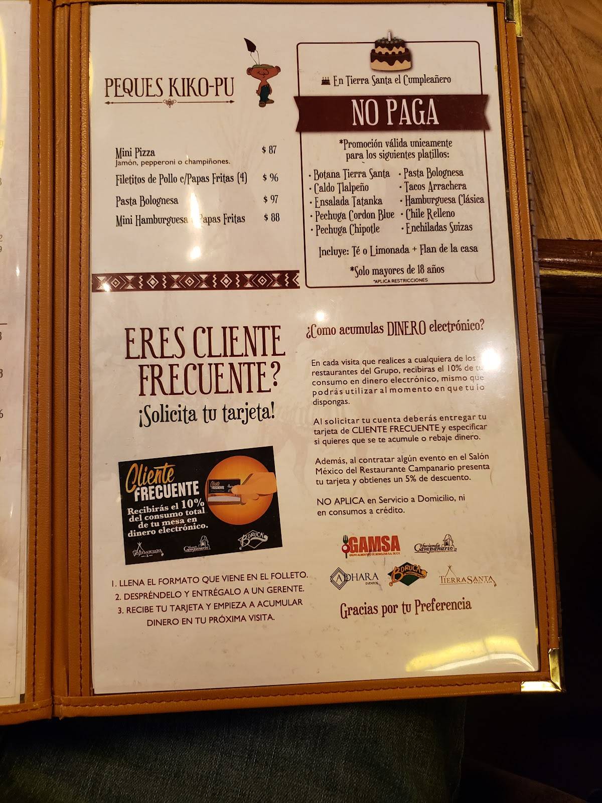 Carta de Tierra Santa Restaurante, Monclova, Washington 33-A