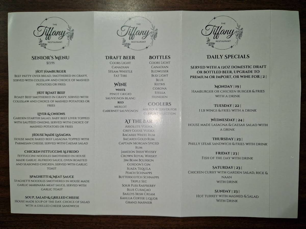 Menu at Tiffany Dining Lounge & Restaurant, Coldwater
