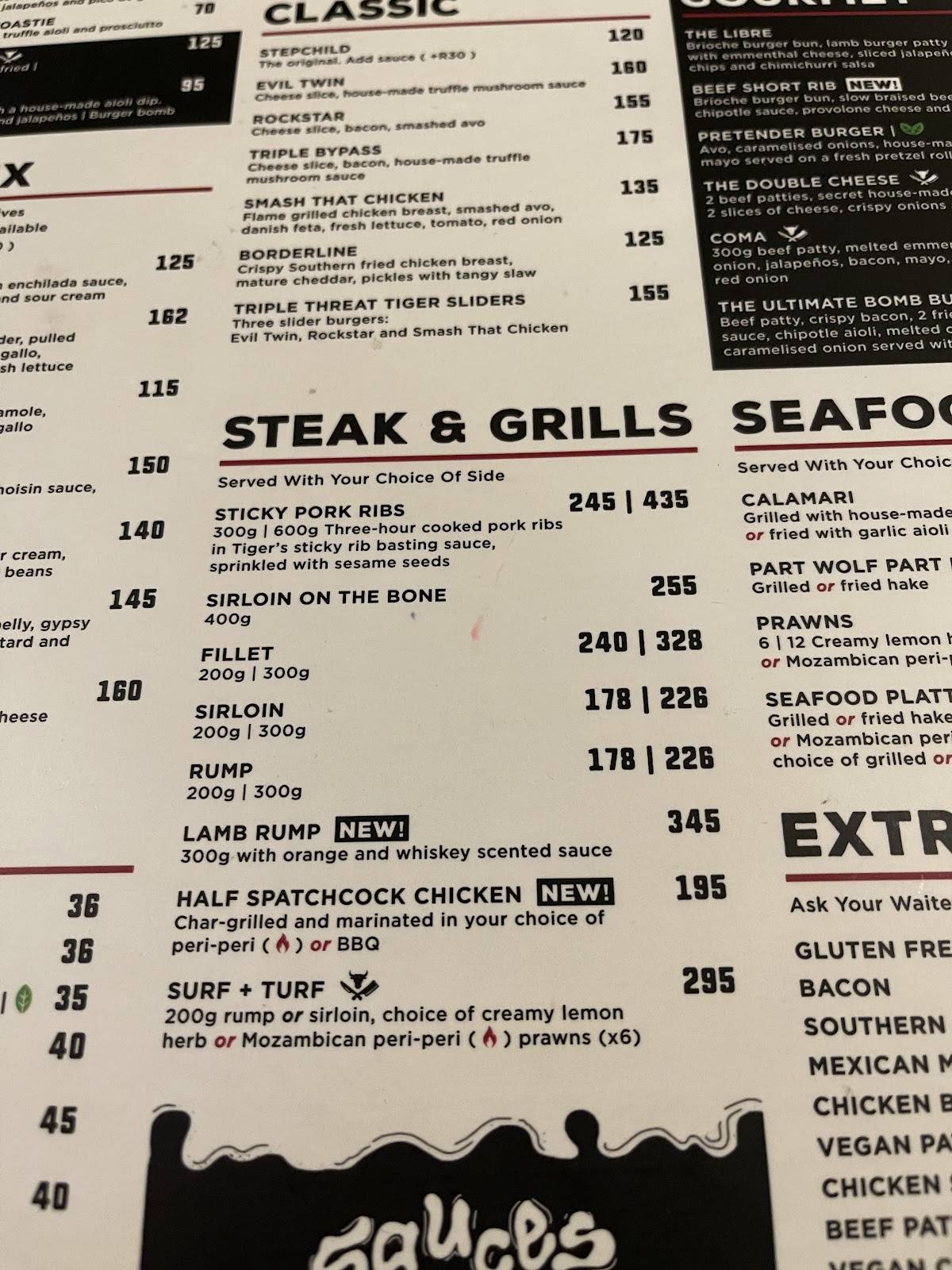 Menu at Tiger's Milk Melrose Arch restaurant, Johannesburg, Melrose Arch