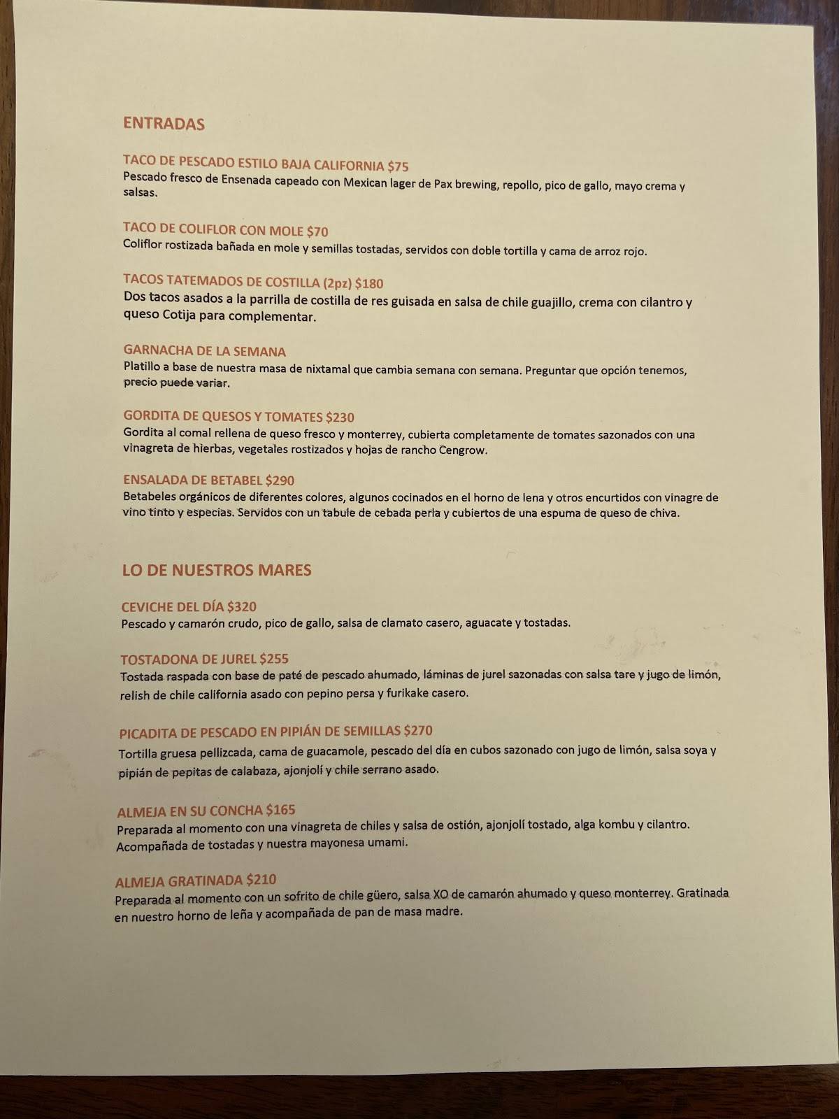 Carta del restaurante Carmelita Molino y Cocina, Tijuana