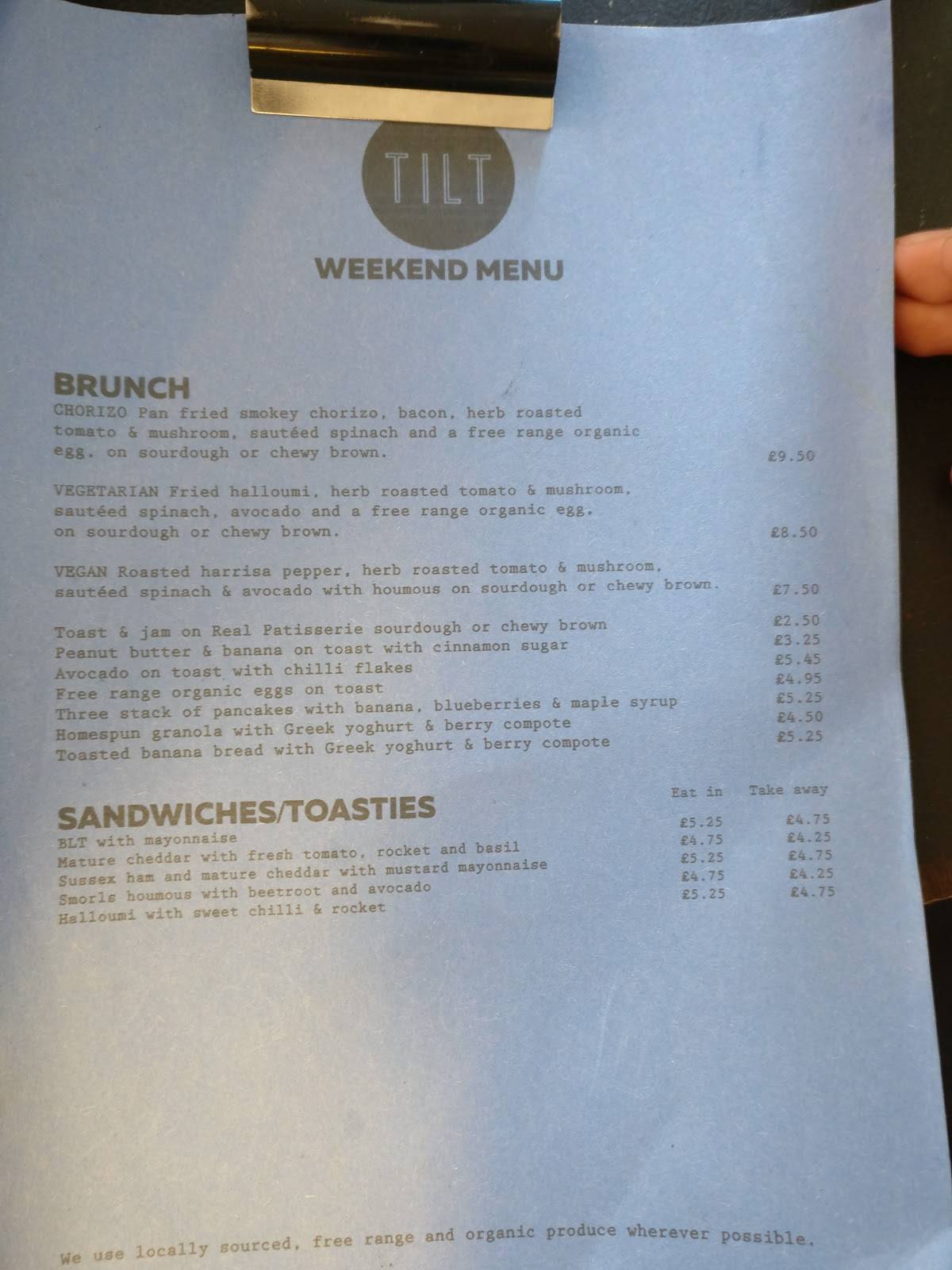 Menu at Tilt restaurant, Brighton