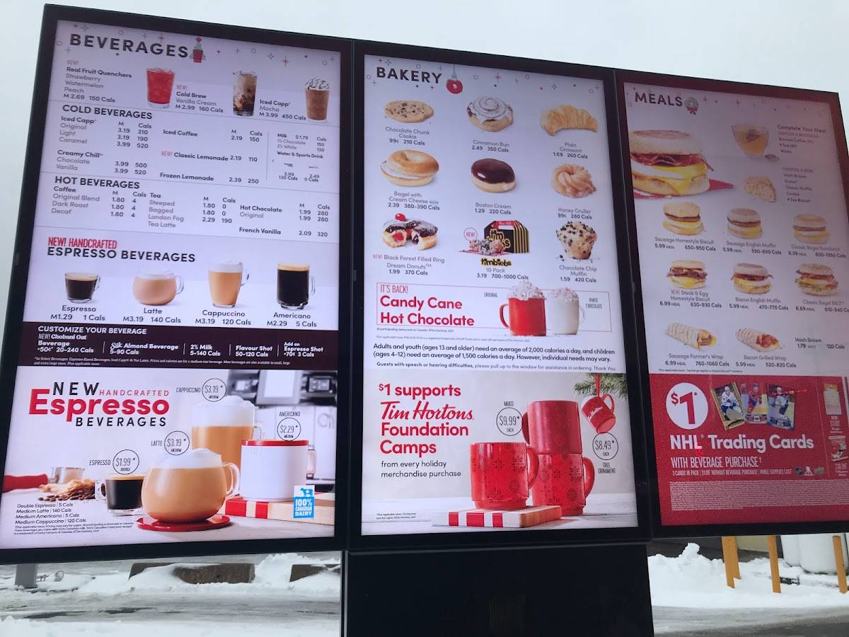 Menu at Tim Hortons cafe, New Glasgow, 687 E River Rd