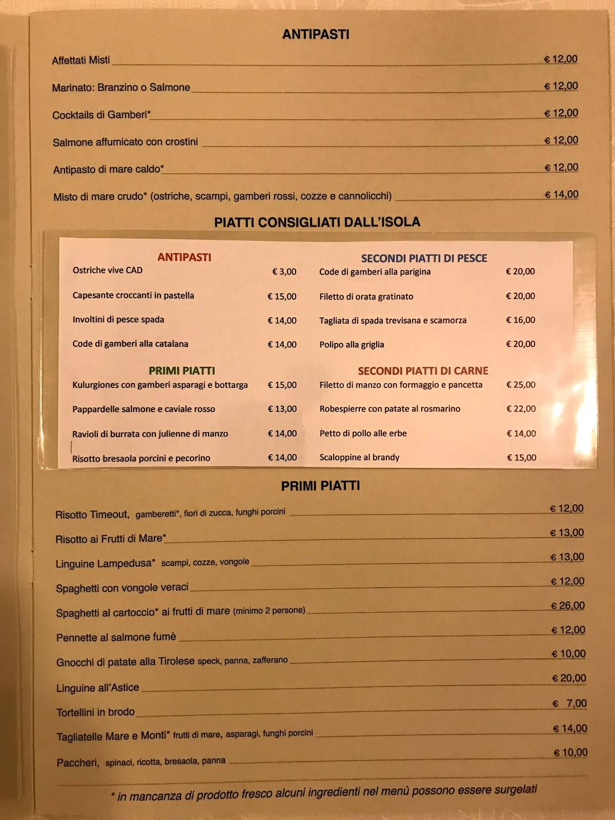 Menu at Time Out Isola restaurant, Milan