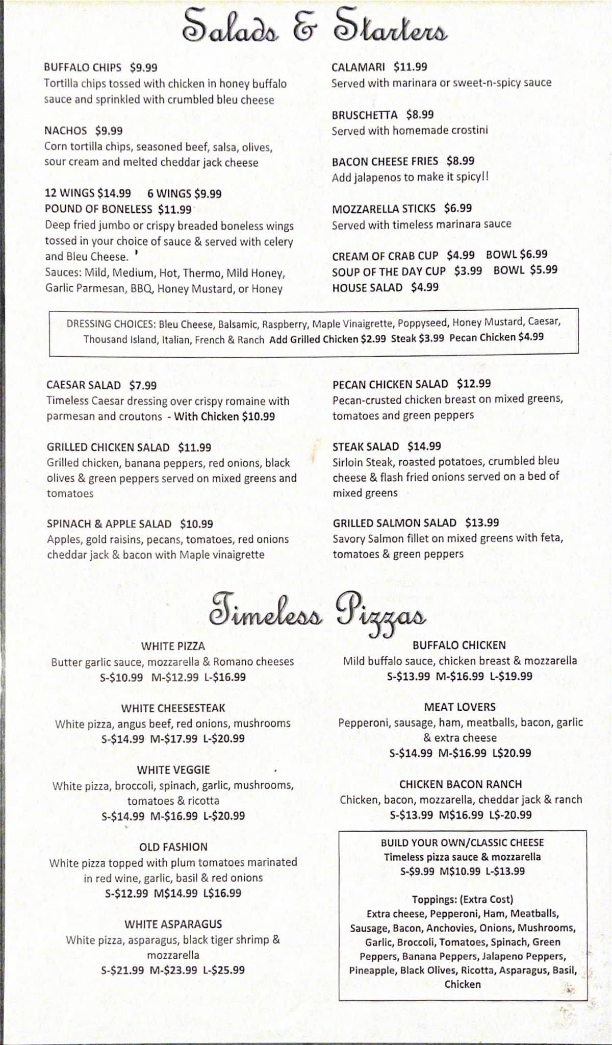 Menu at Timeless Destination pizzeria, Wellsboro
