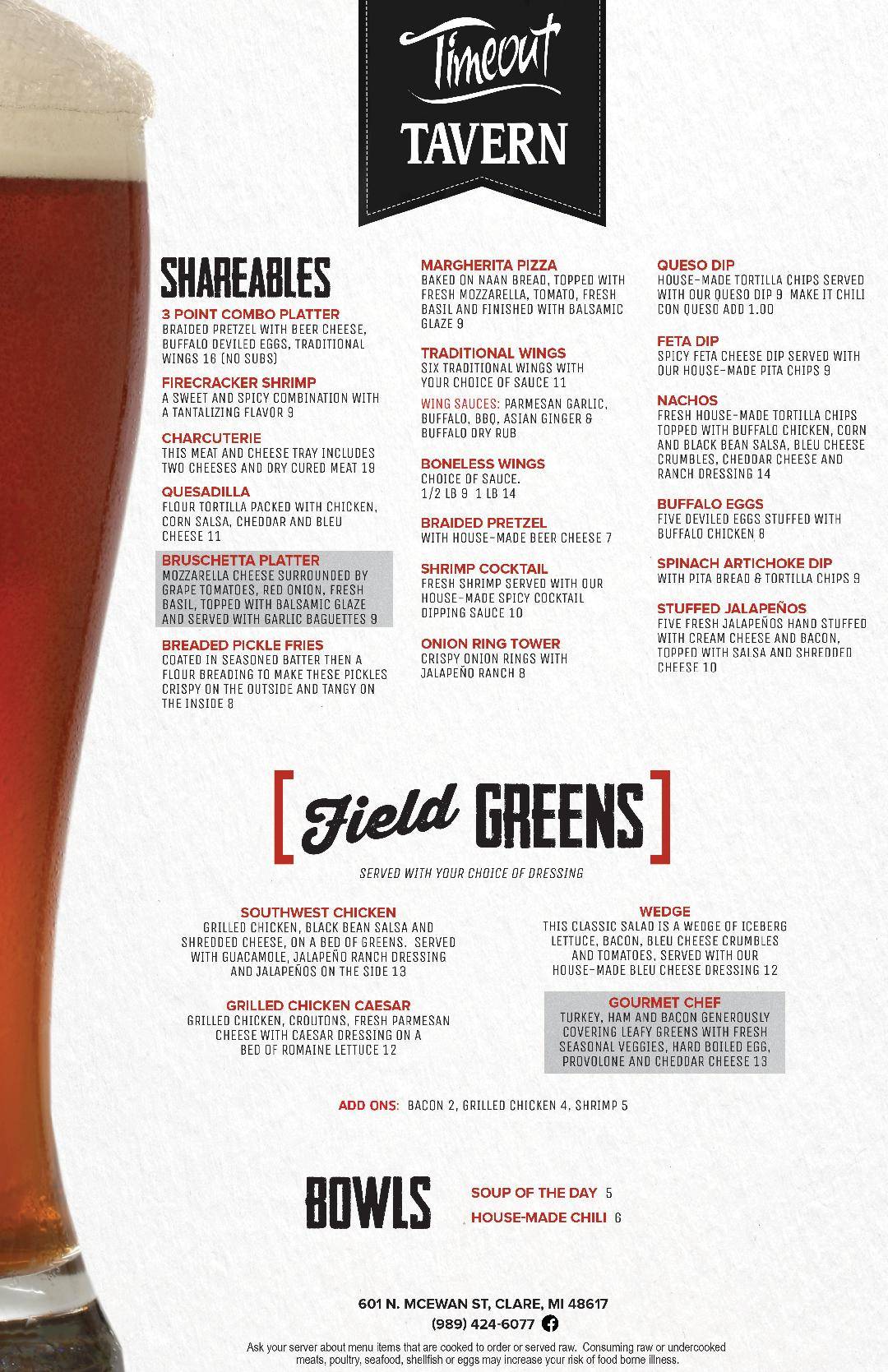 Menu at Timeout Tavern pub & bar, Clare