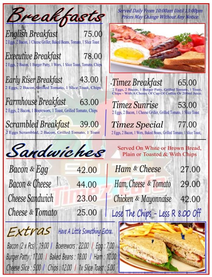 Menu at Suits Timez Café Carletonville Merafong City pub & bar ...