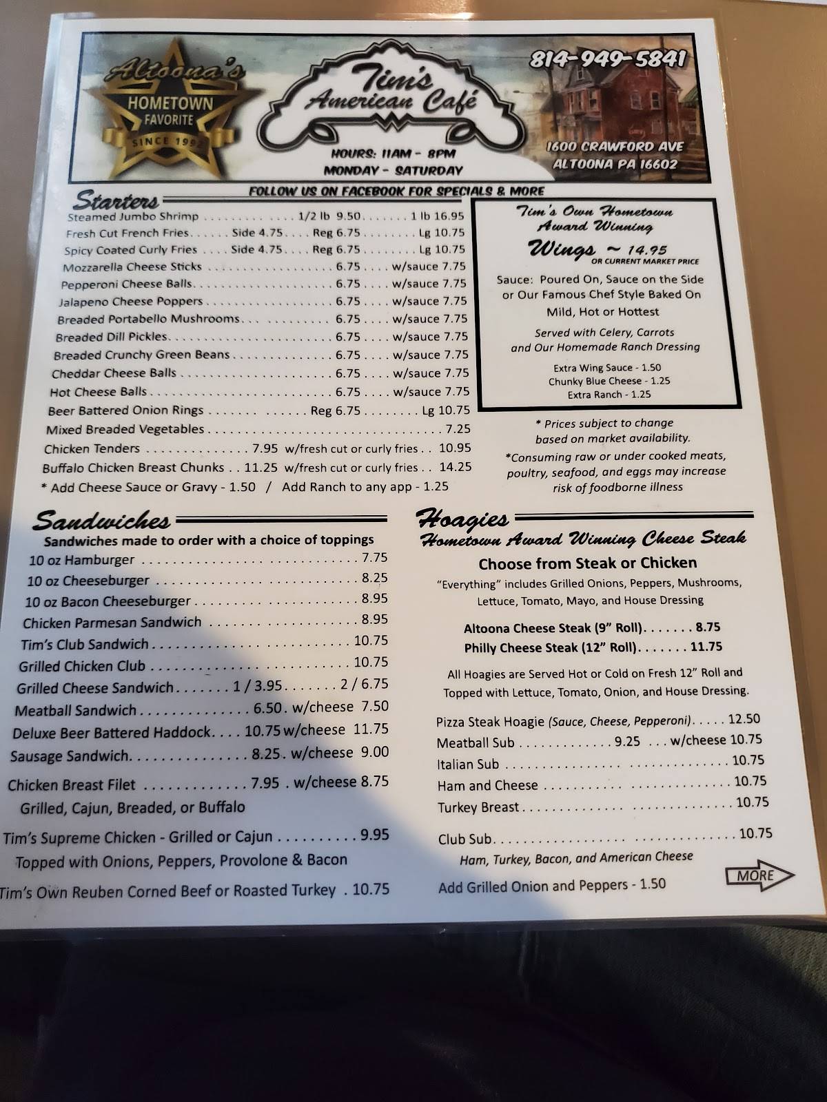 Menu at Tim's American Cafe, Altoona