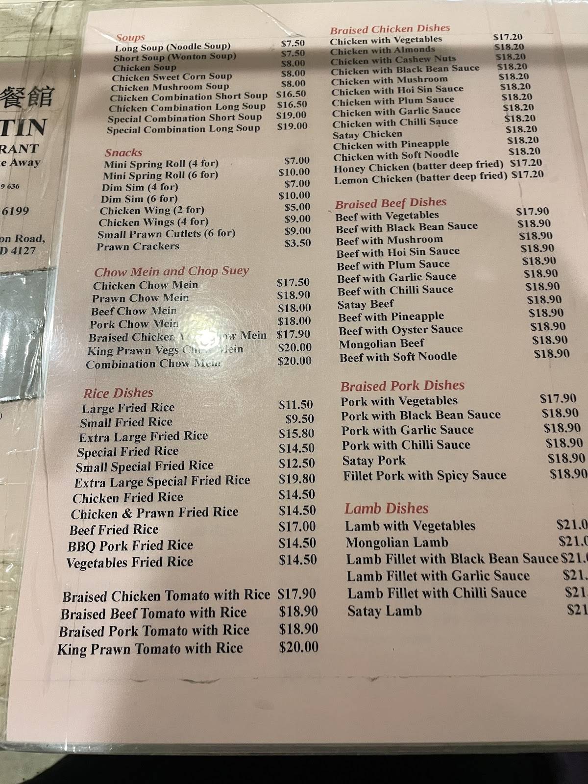 Menu at Tin Tin Chinese Takeaway restaurant, Kingston
