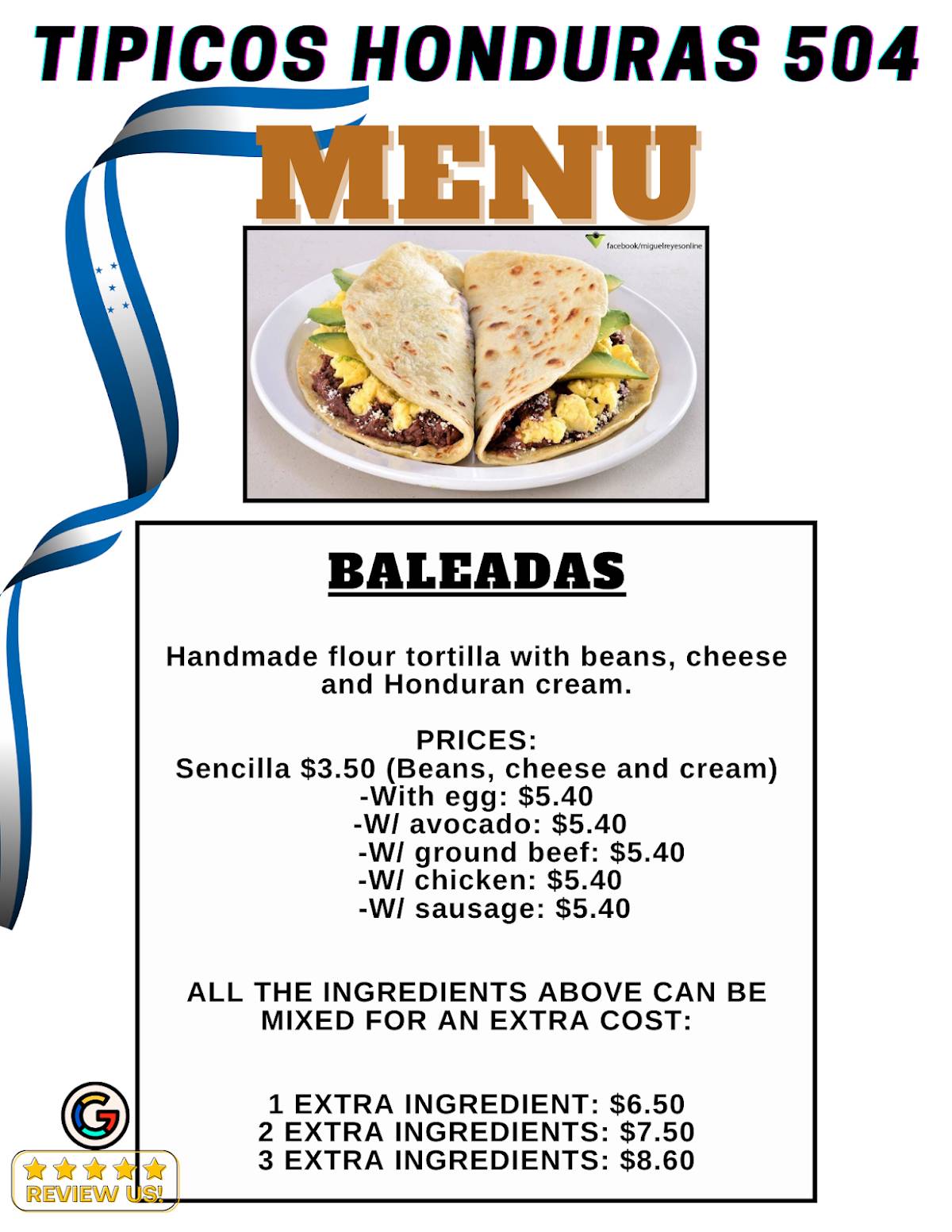 Menu at Típicos Honduras 504 restaurant, Fort Walton Beach