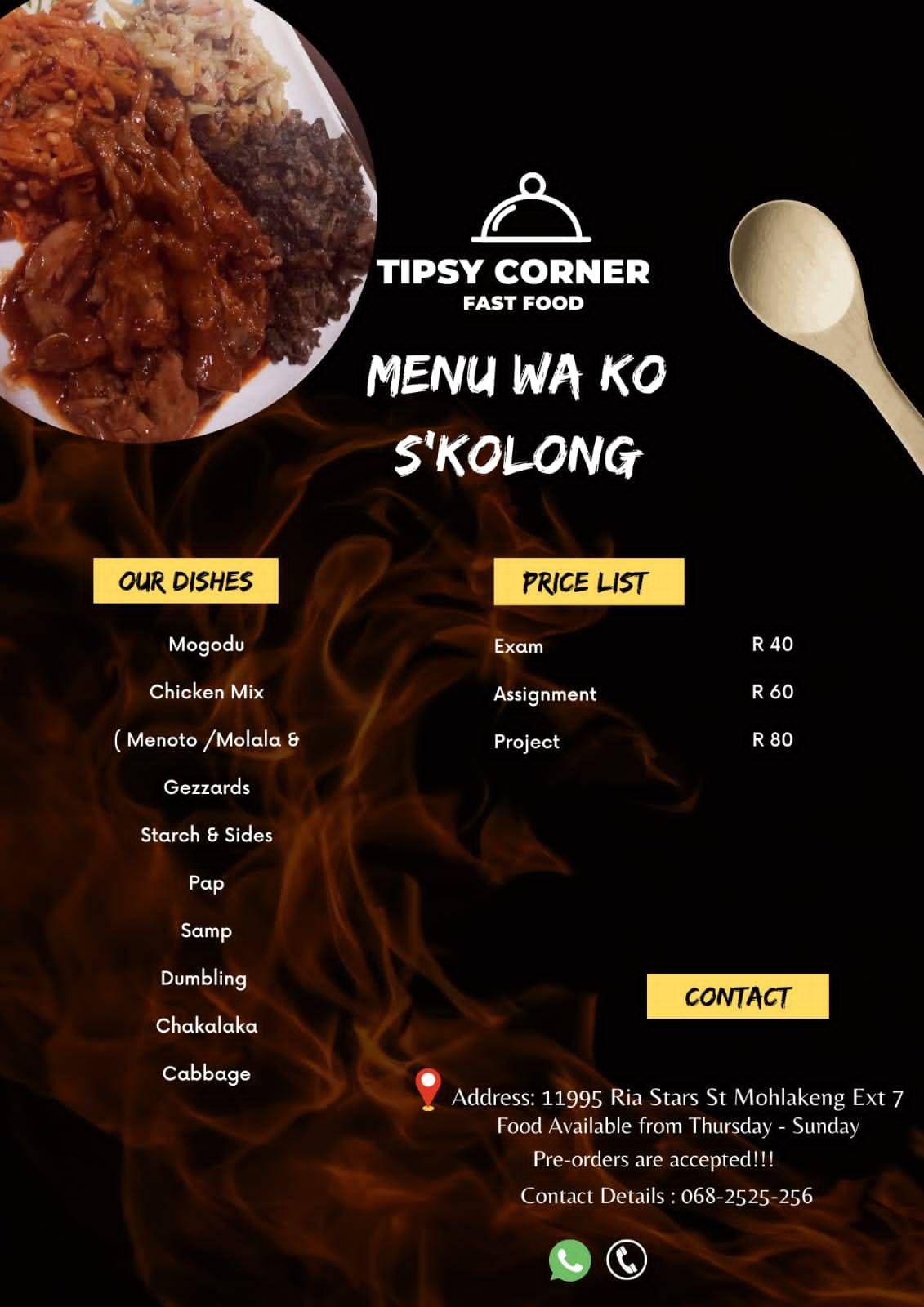 Menu at Tipsy Corner restaurant, Randfontein