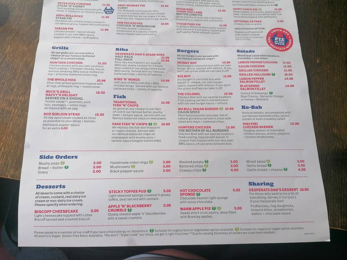 Menu at Mad O'Rourke's Pie Factory pub & bar, Tipton