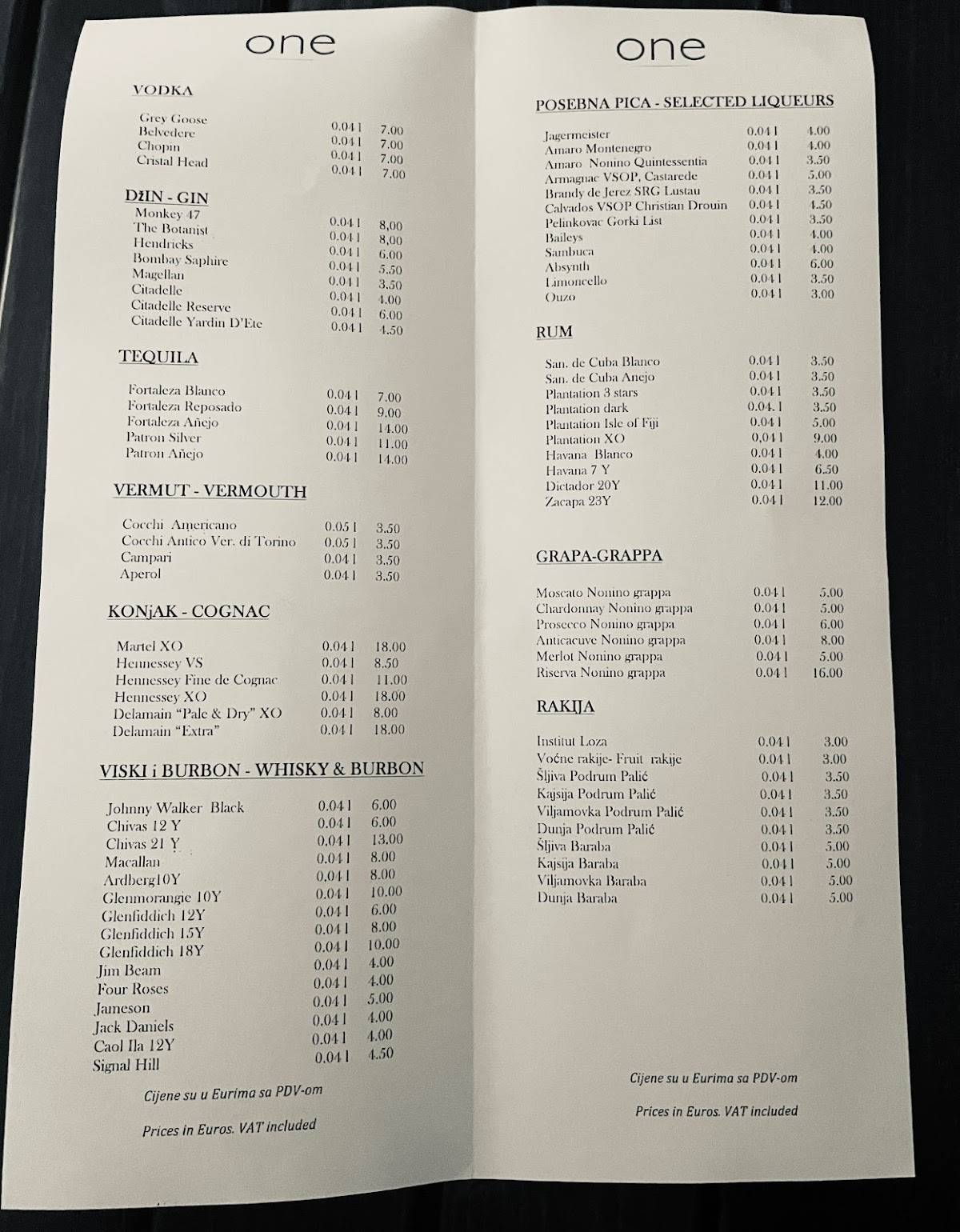 Menu at One restaurant, Tivat