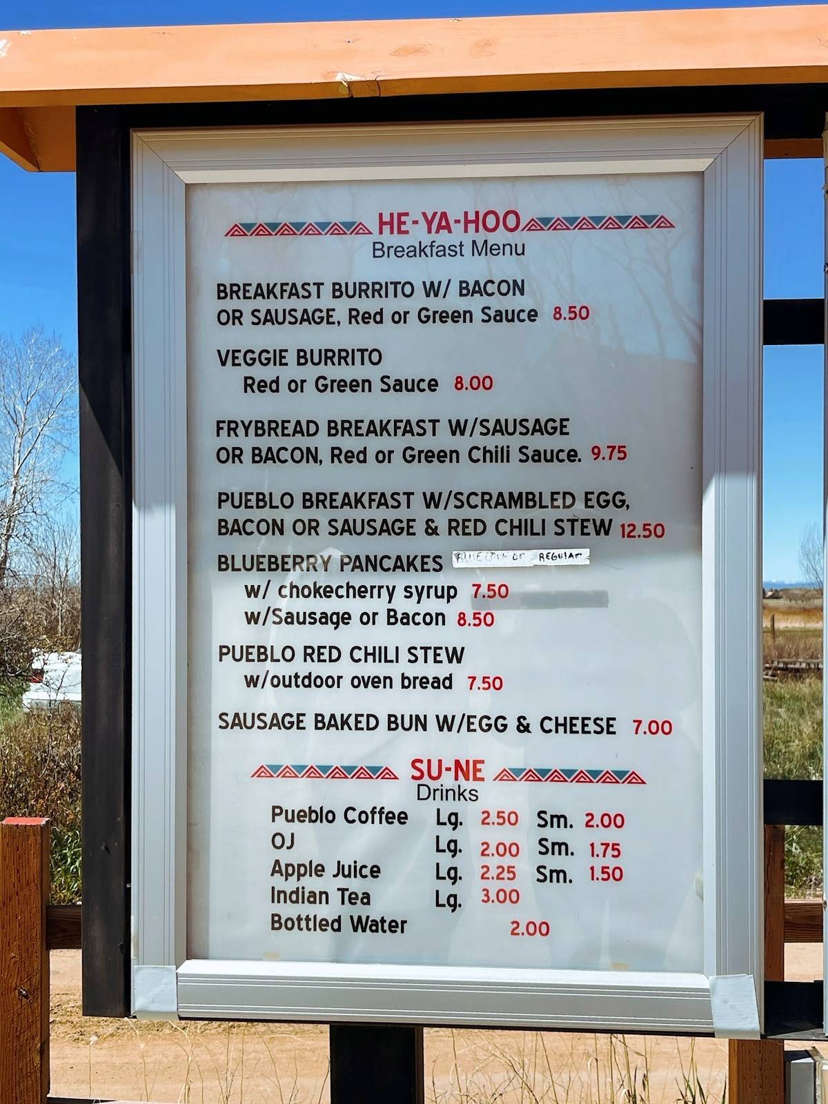 Menu at Tiwa Kitchen restaurant, Taos Pueblo