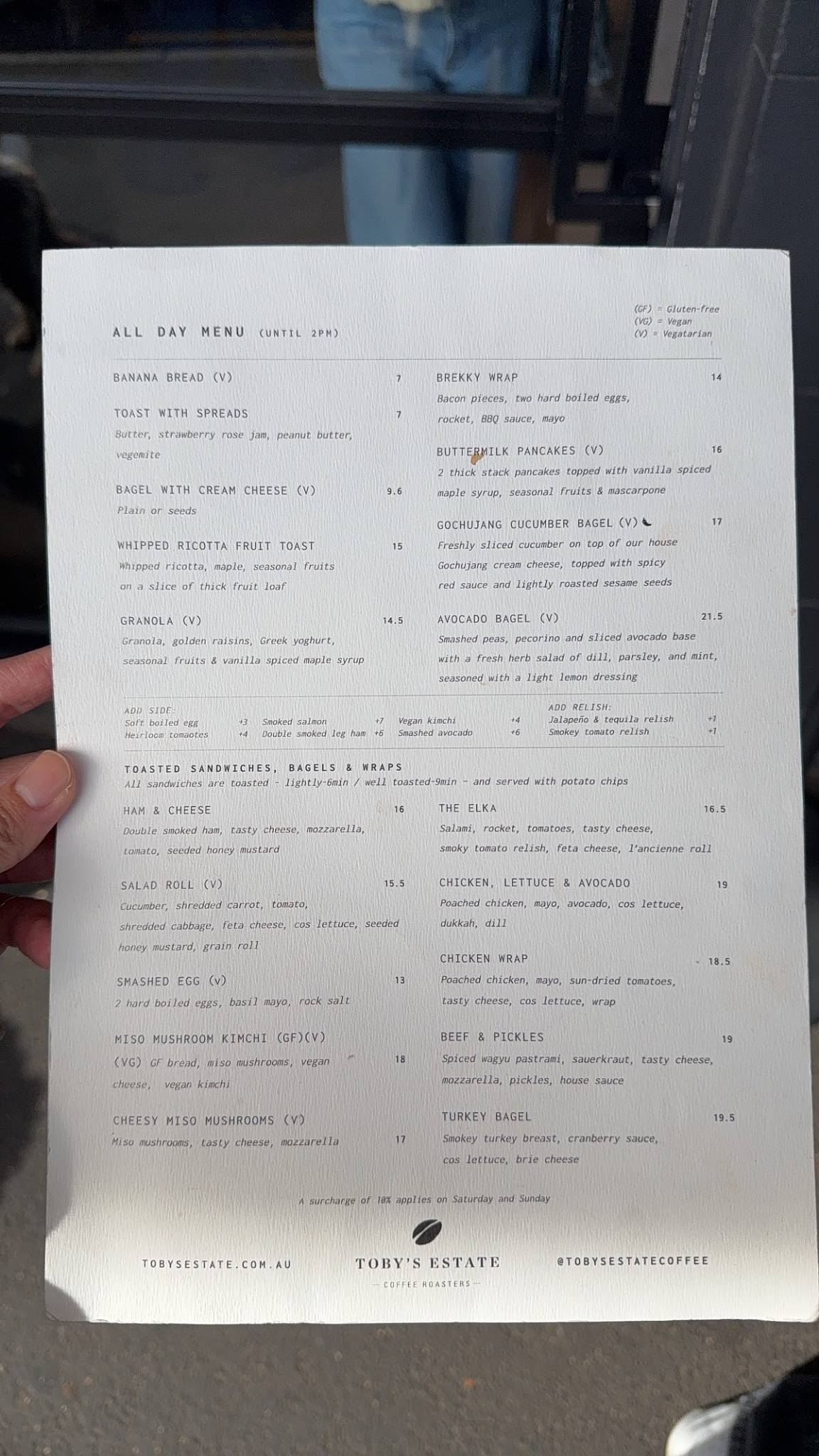 Menu at Toby's Estate Coffee Roasters restaurant, Chippendale, 32-36 ...