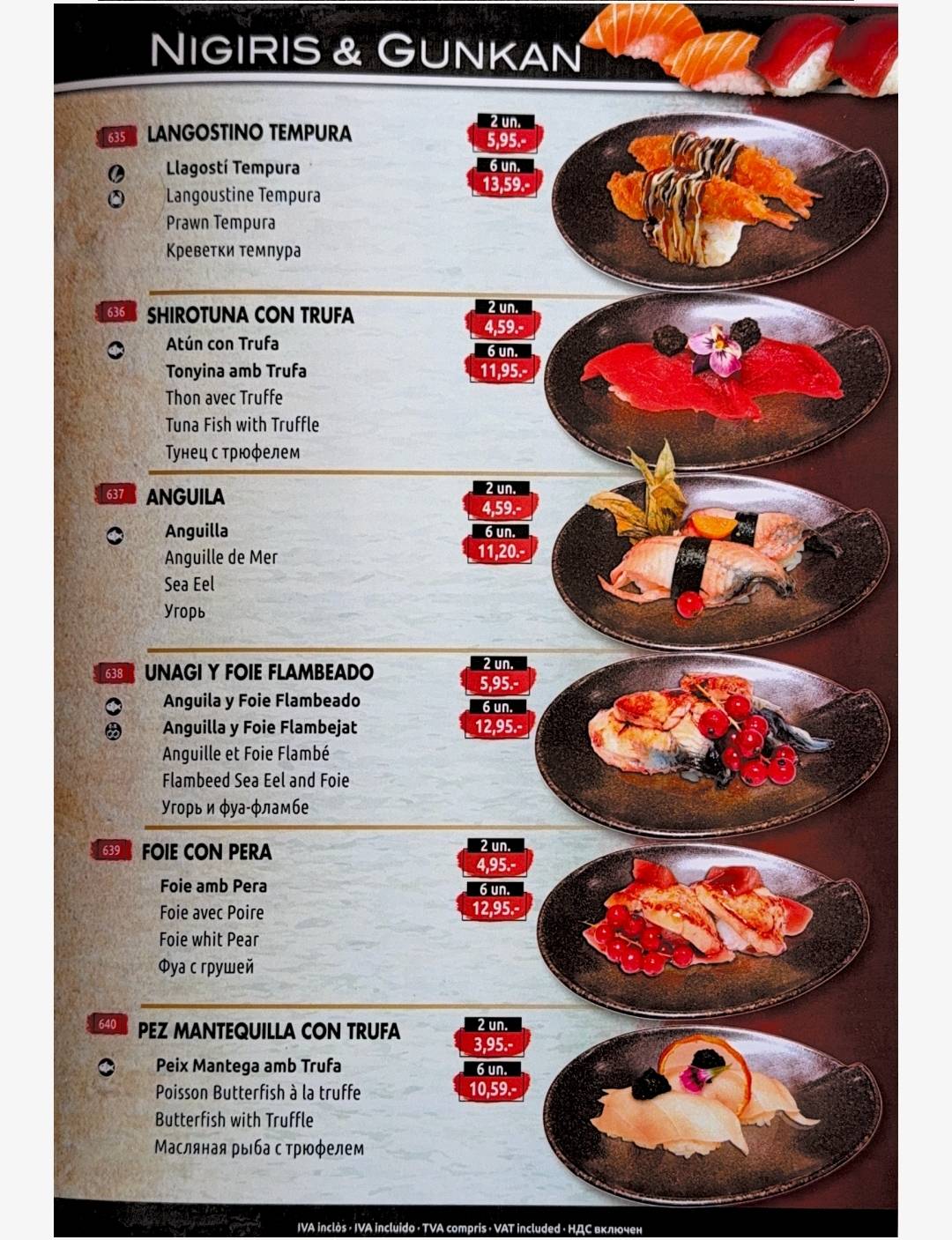 Carta del restaurante Toki, Malgrat del Mar
