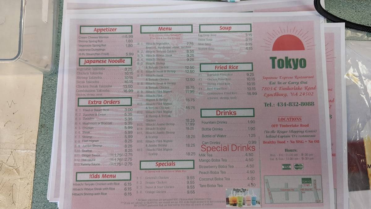 Menu at Tokyo Japanese Express restaurant, Lynchburg
