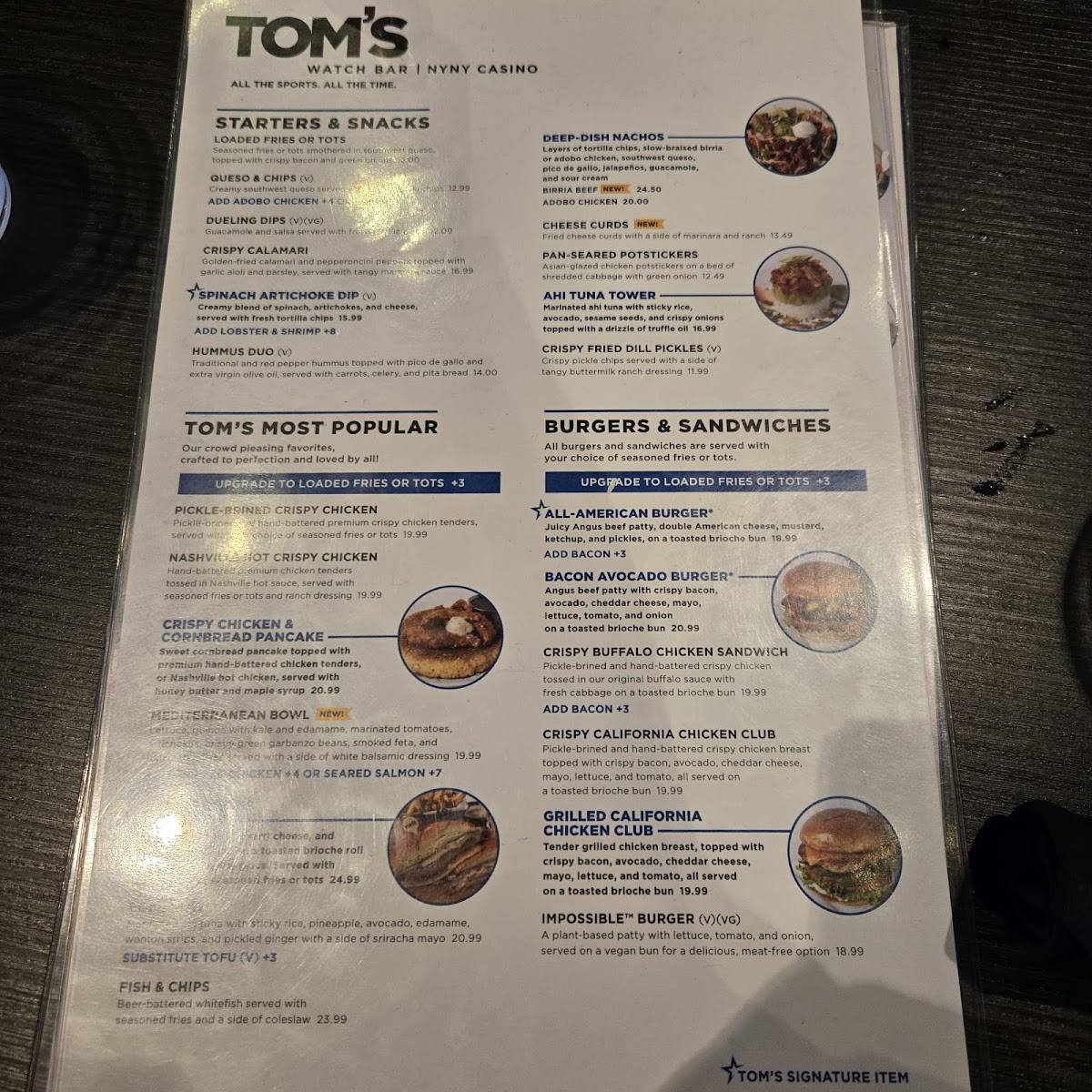 Menu at Tom's Watch Bar, Las Vegas