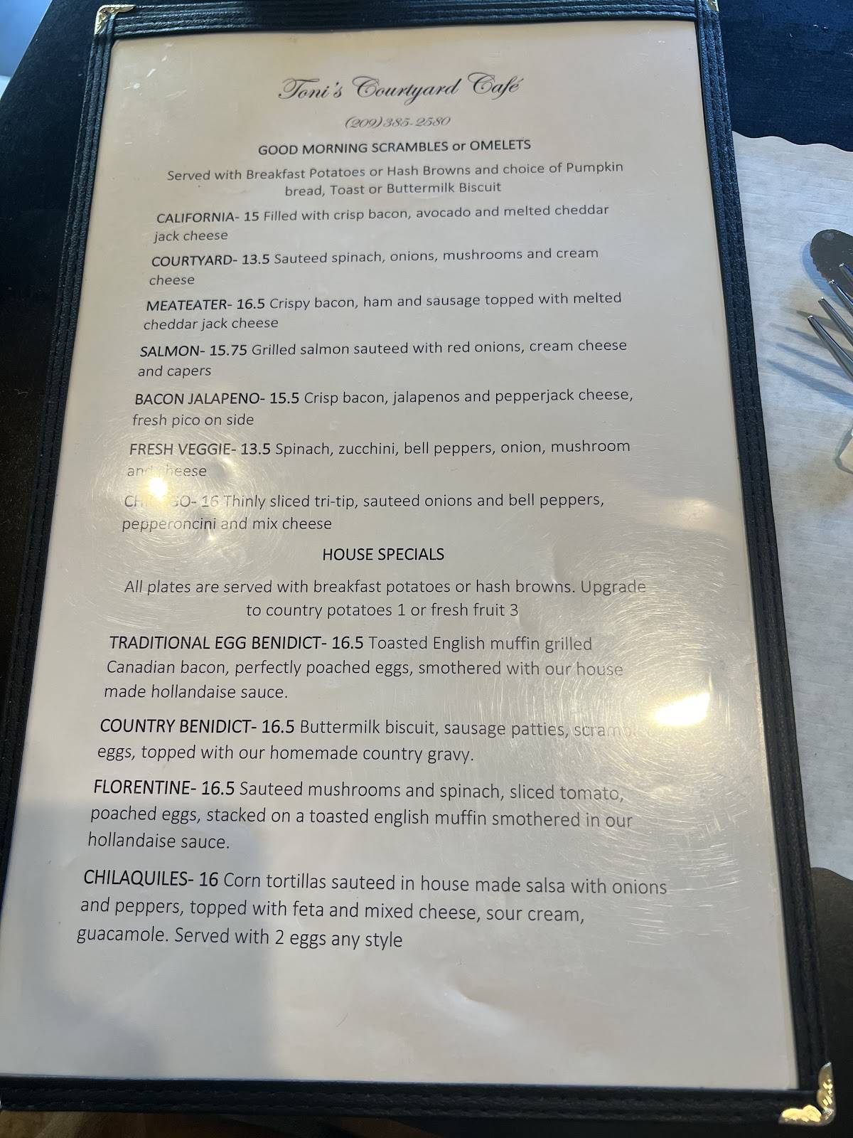 Menu at Toni's Courtyard Café cafe, Merced