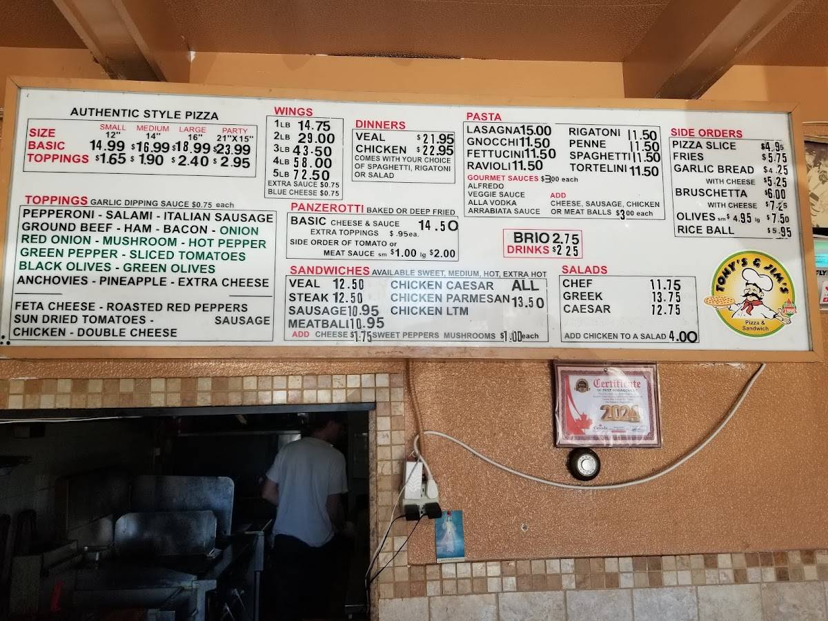 Menu at Tony & Jim's Place pizzeria, Brampton