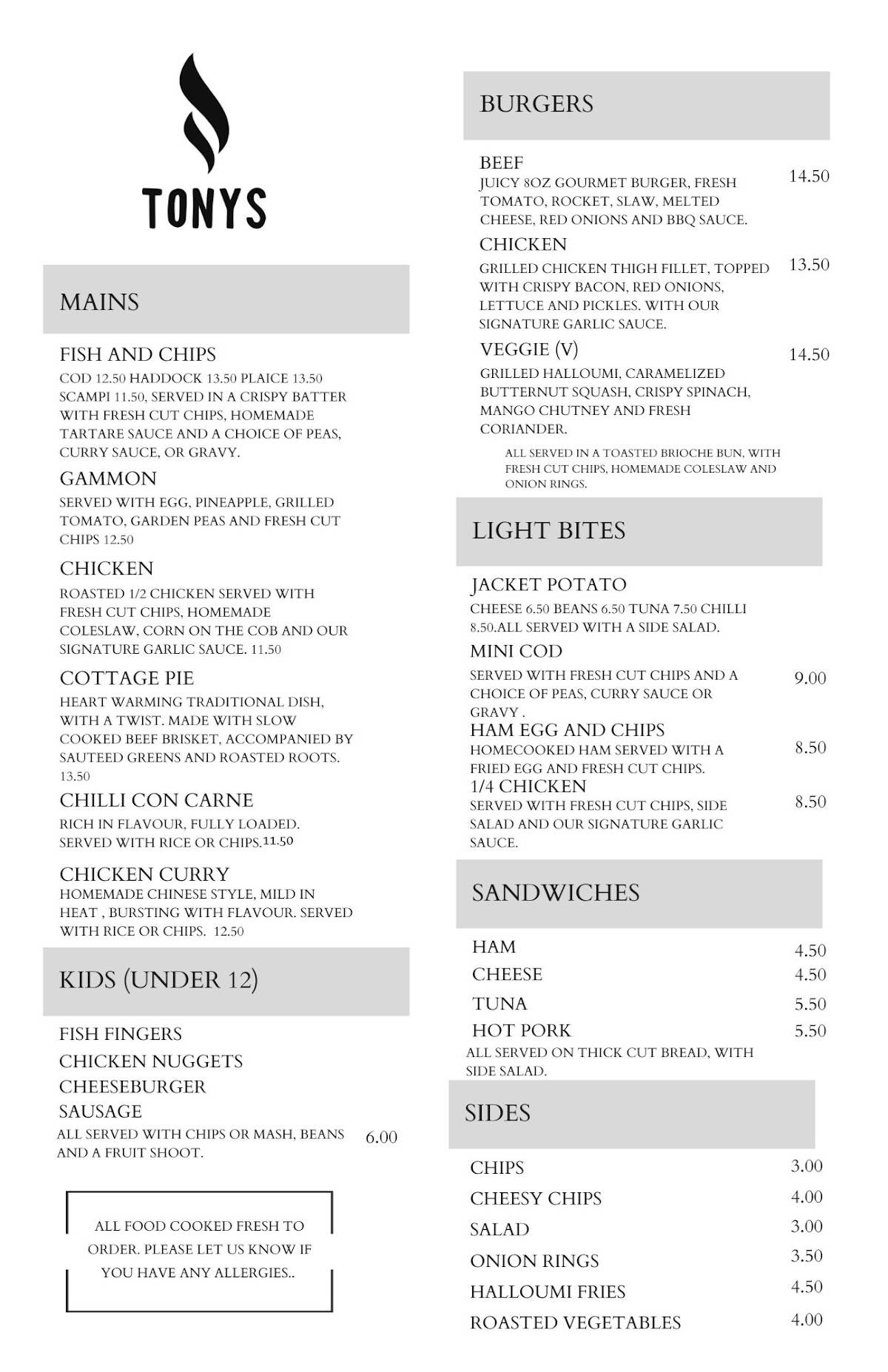 Menu at Tony's Diner Cafe, Bridgnorth, Kidderminster Road