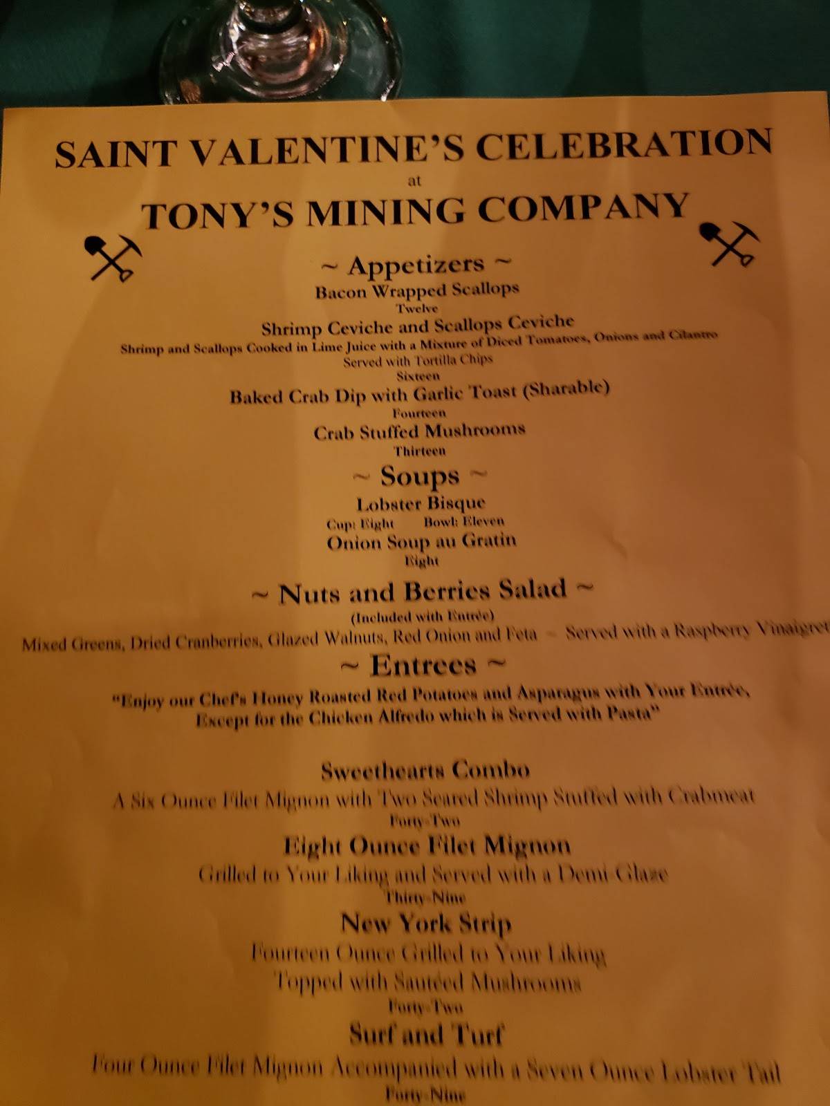 Menu at Tony’s Mining Company Restaurant, Cornwall