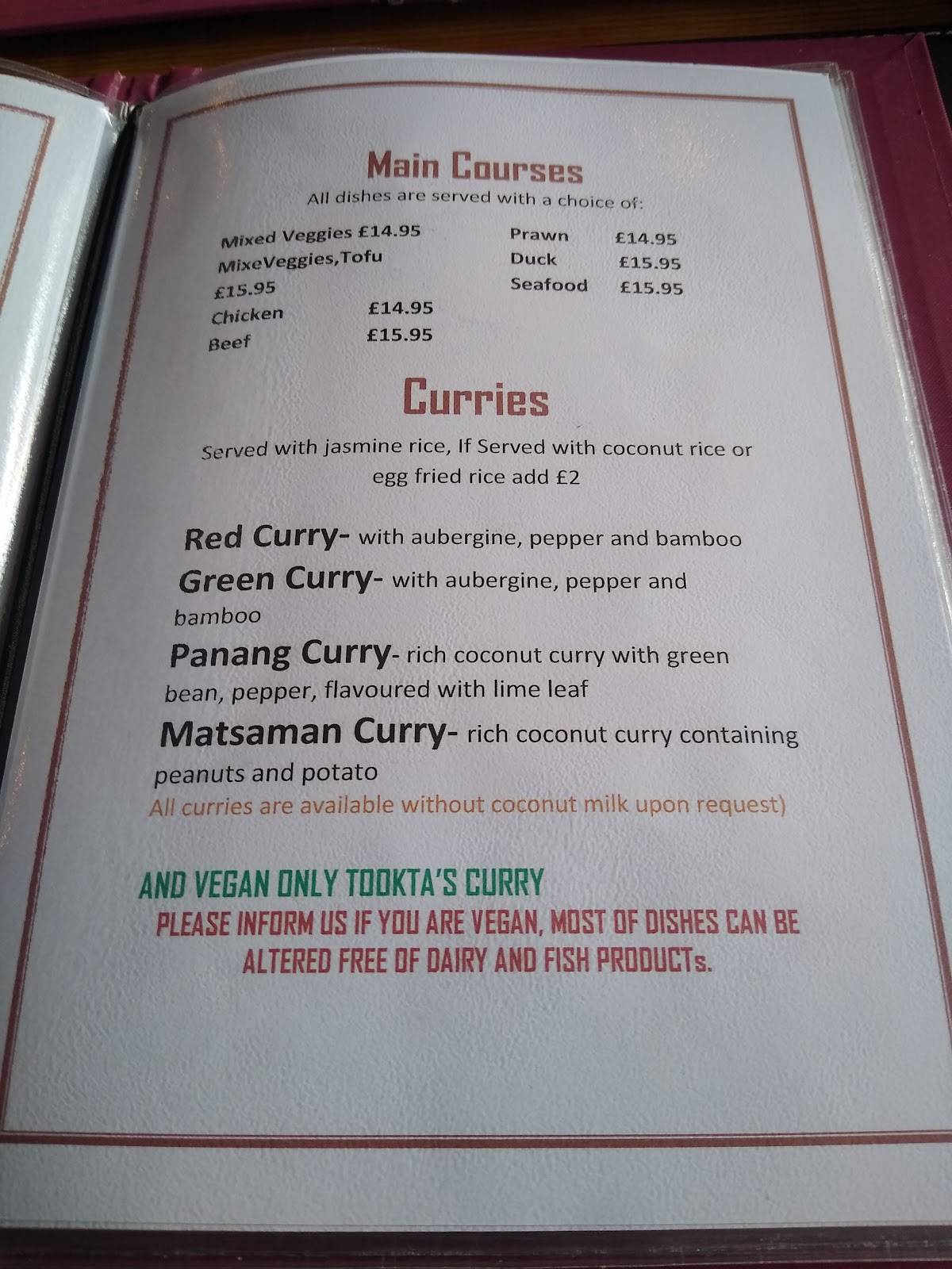 Menu at Tookta's Thai Food restaurant, Brighton