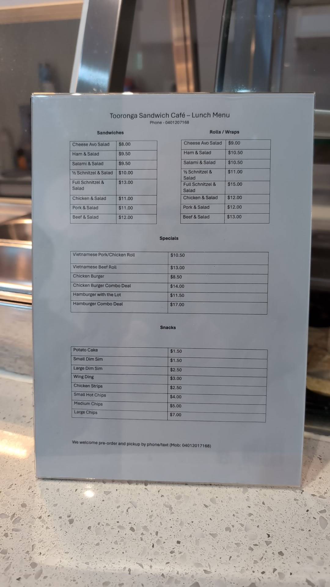 Menu at Tooronga Sandwich Cafe, Hawthorn East