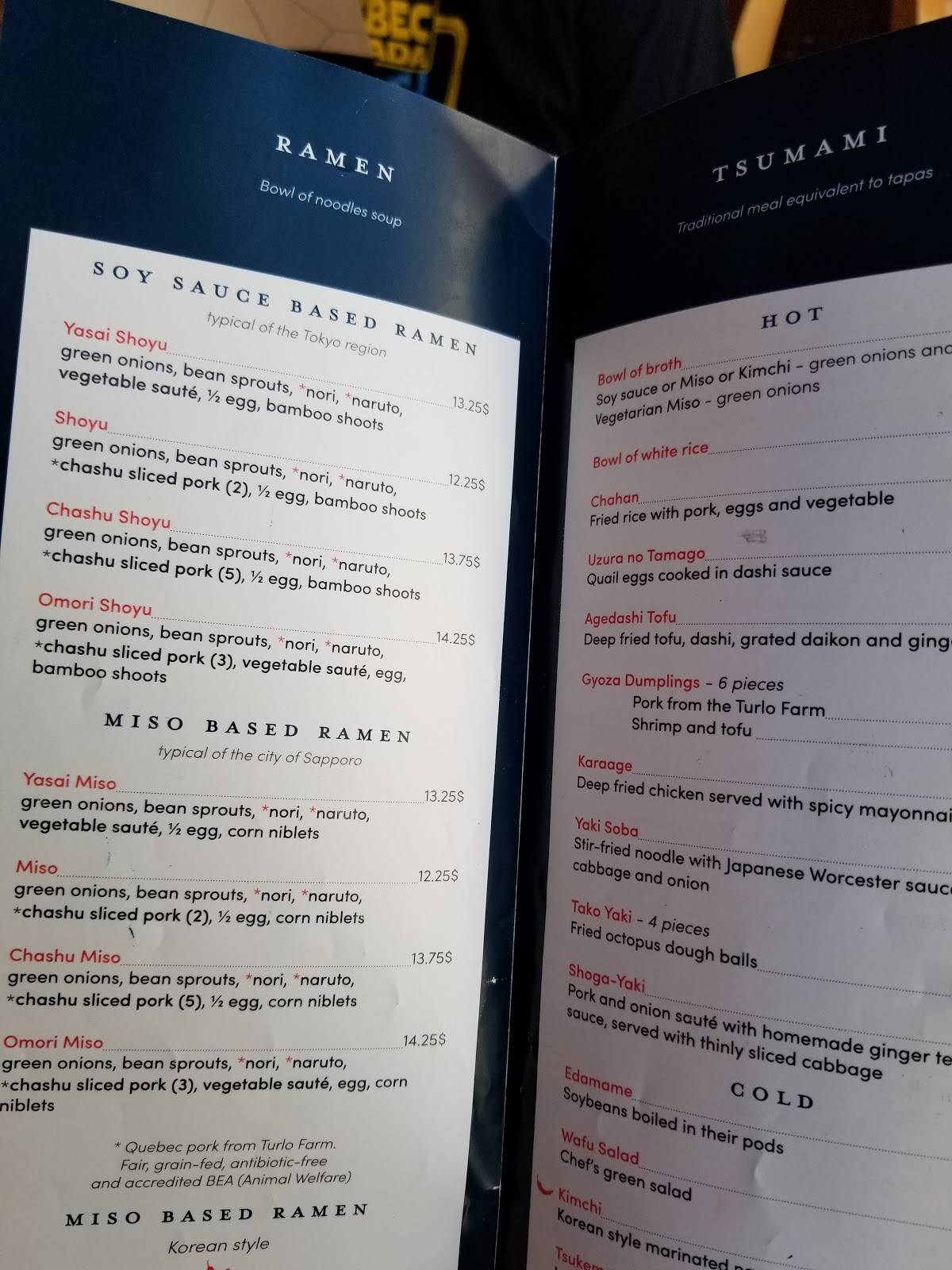 Carta del restaurante Tora-Ya Ramen, Quebec