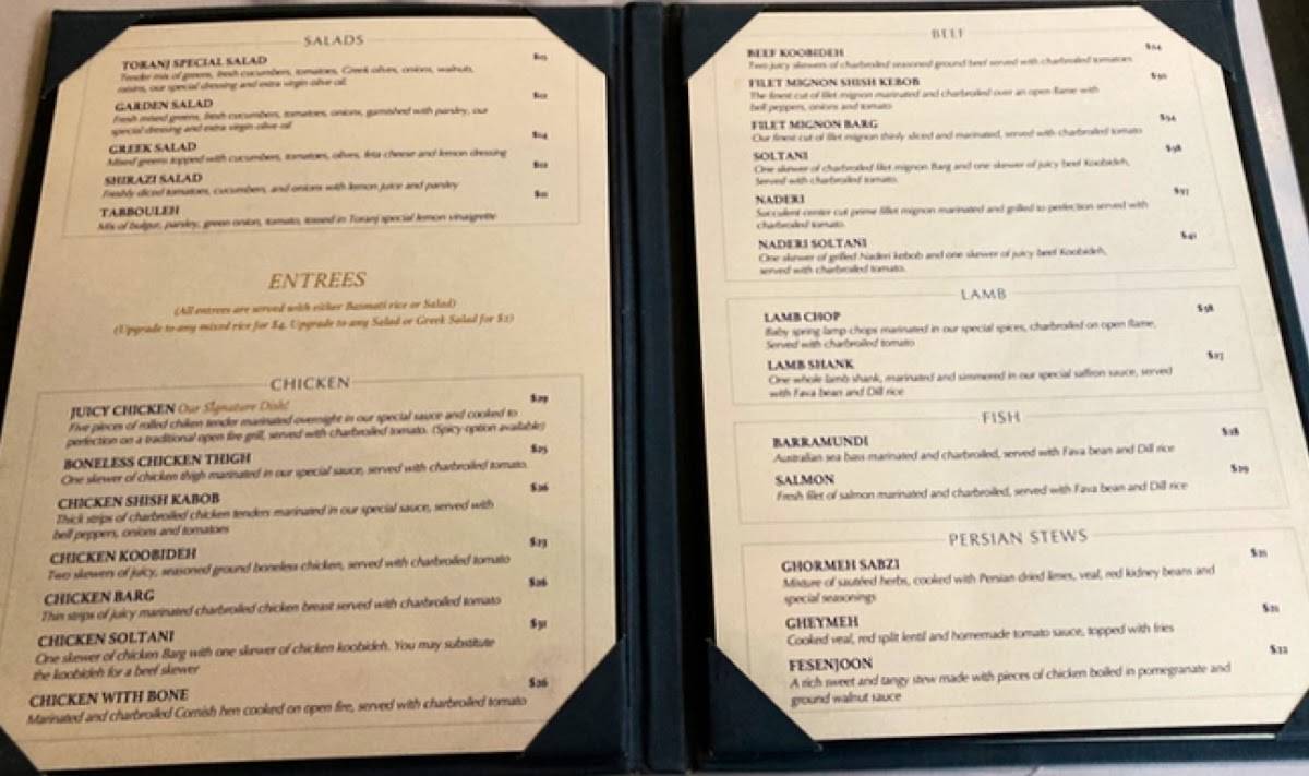 Menu at Toranj restaurant, Los Angeles
