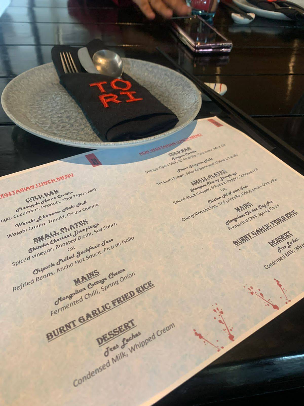 Menu at Torii, Mumbai