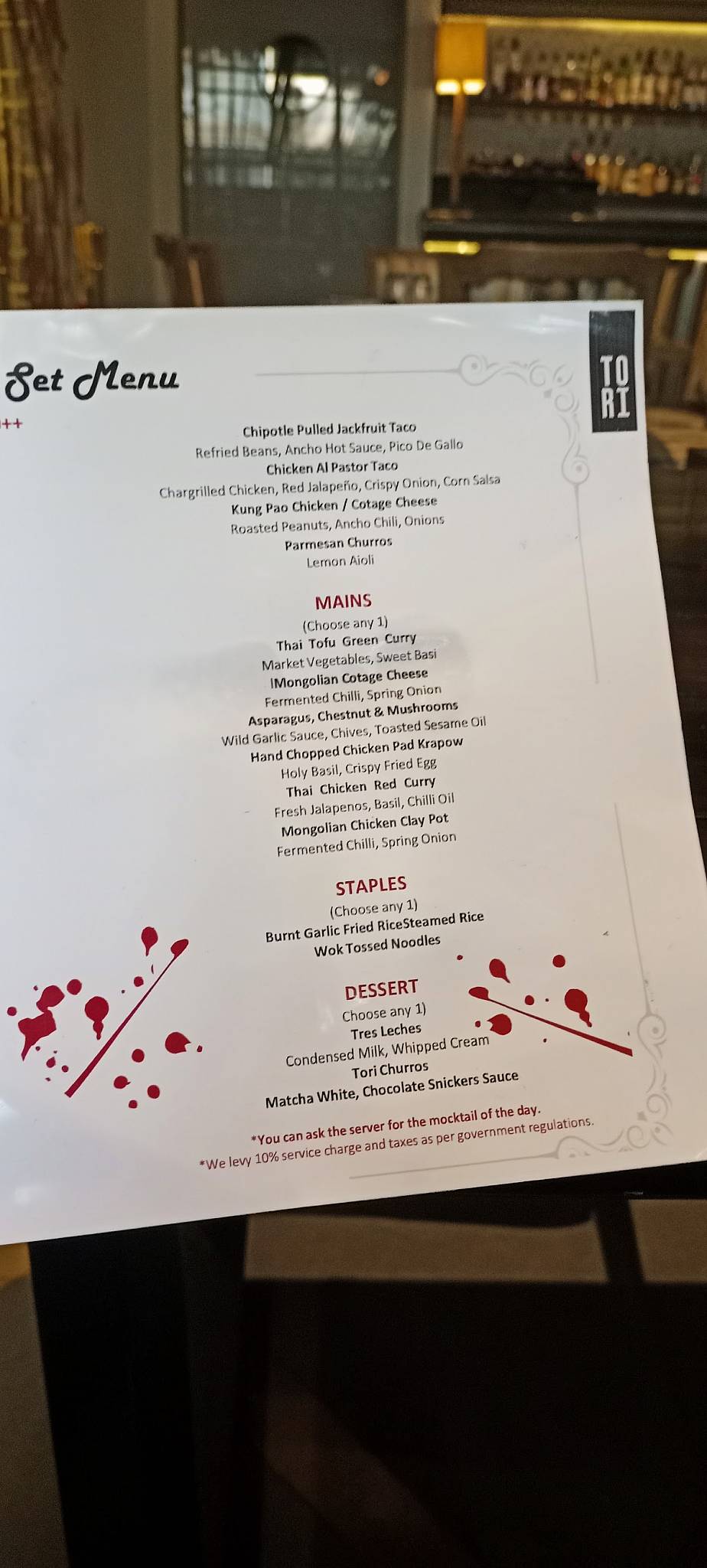 Menu at Torii, Mumbai