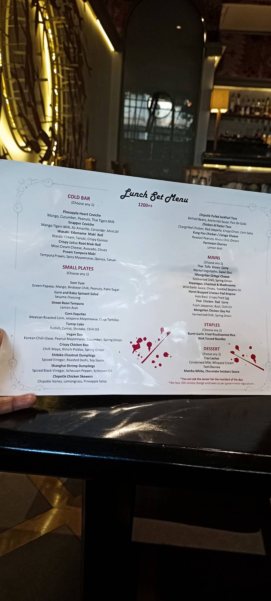 Menu at Torii, Mumbai
