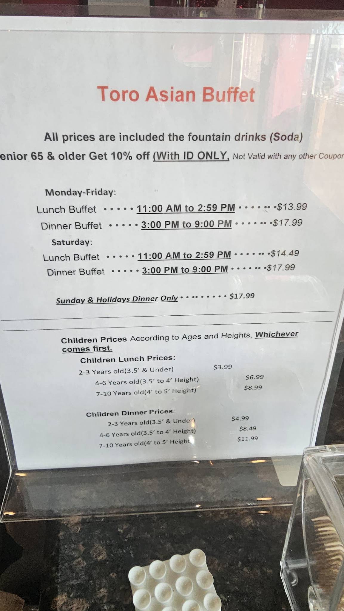 Menu at Toro Asian Buffet restaurant, Chicago