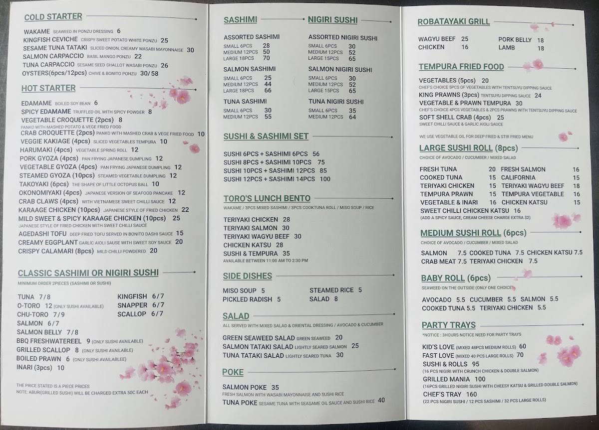 Menu at Toro Robata Sushi restaurant, Wollongong